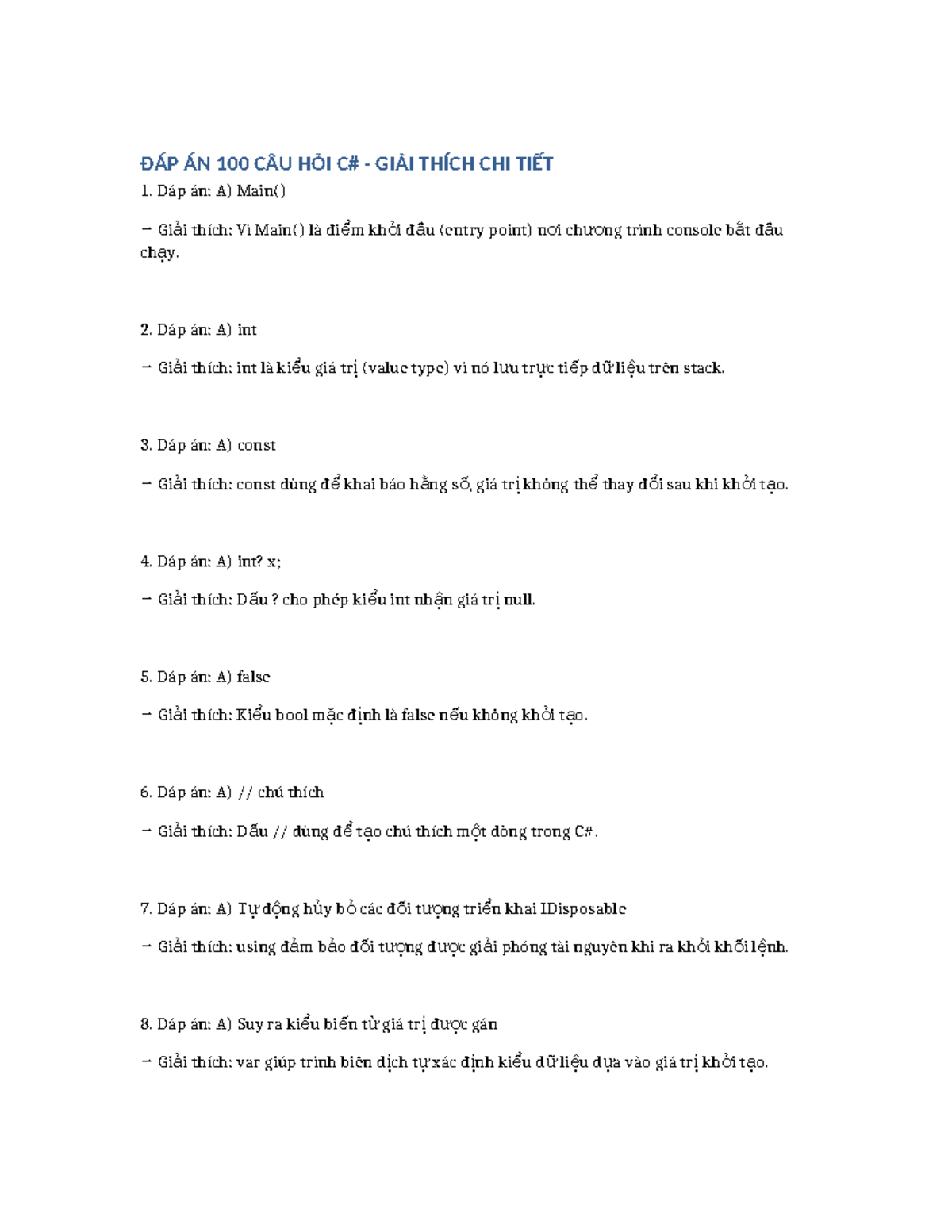 Đáp Án 100 Câu Hỏi Csharp - CCC Giải Thích Chi Tiết - Studocu