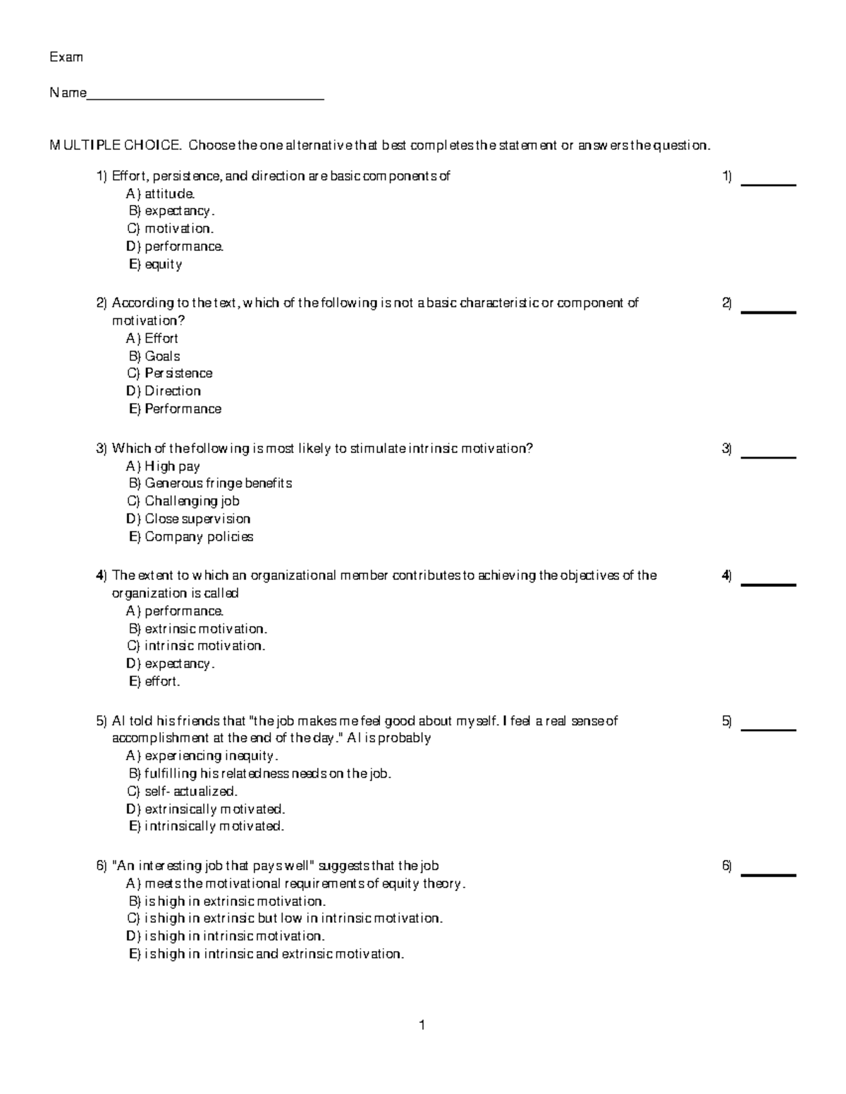 Ch5 - Practice Exam: Multiple Choice Questions on Motivation Theory ...