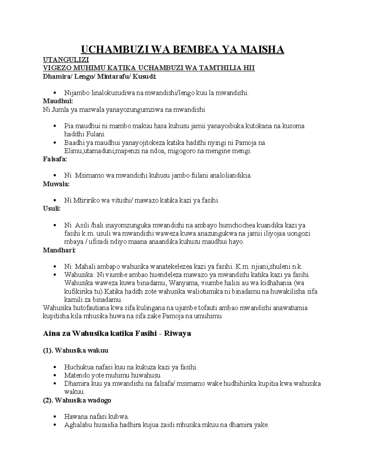 Uchambuzi wa Bembea ya Maisha: Mwonekano wa Tamthilia na Maudhui - Studocu