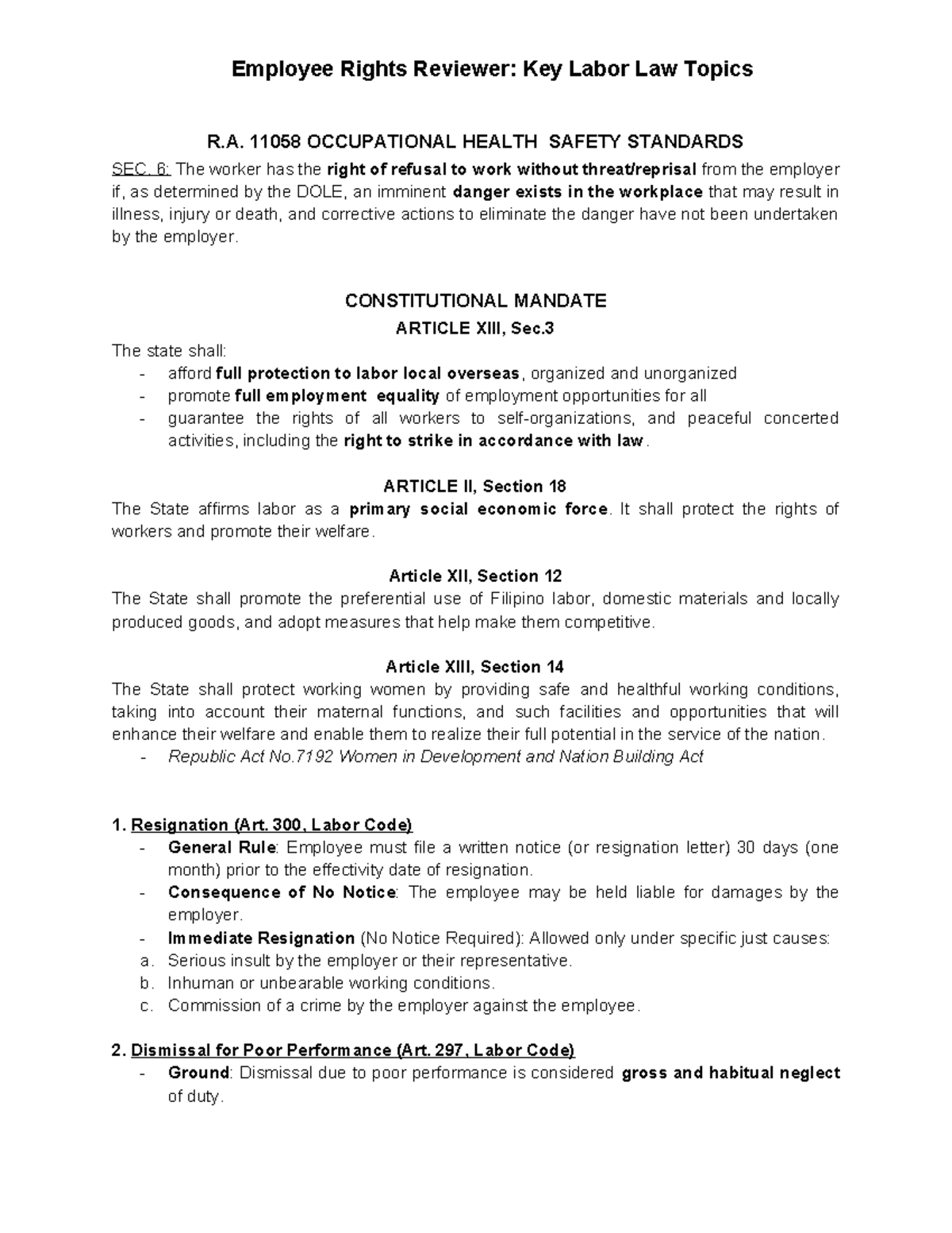 Employee Rights Reviewer: Key Labor Law Topics (R.A. 11058) - Studocu