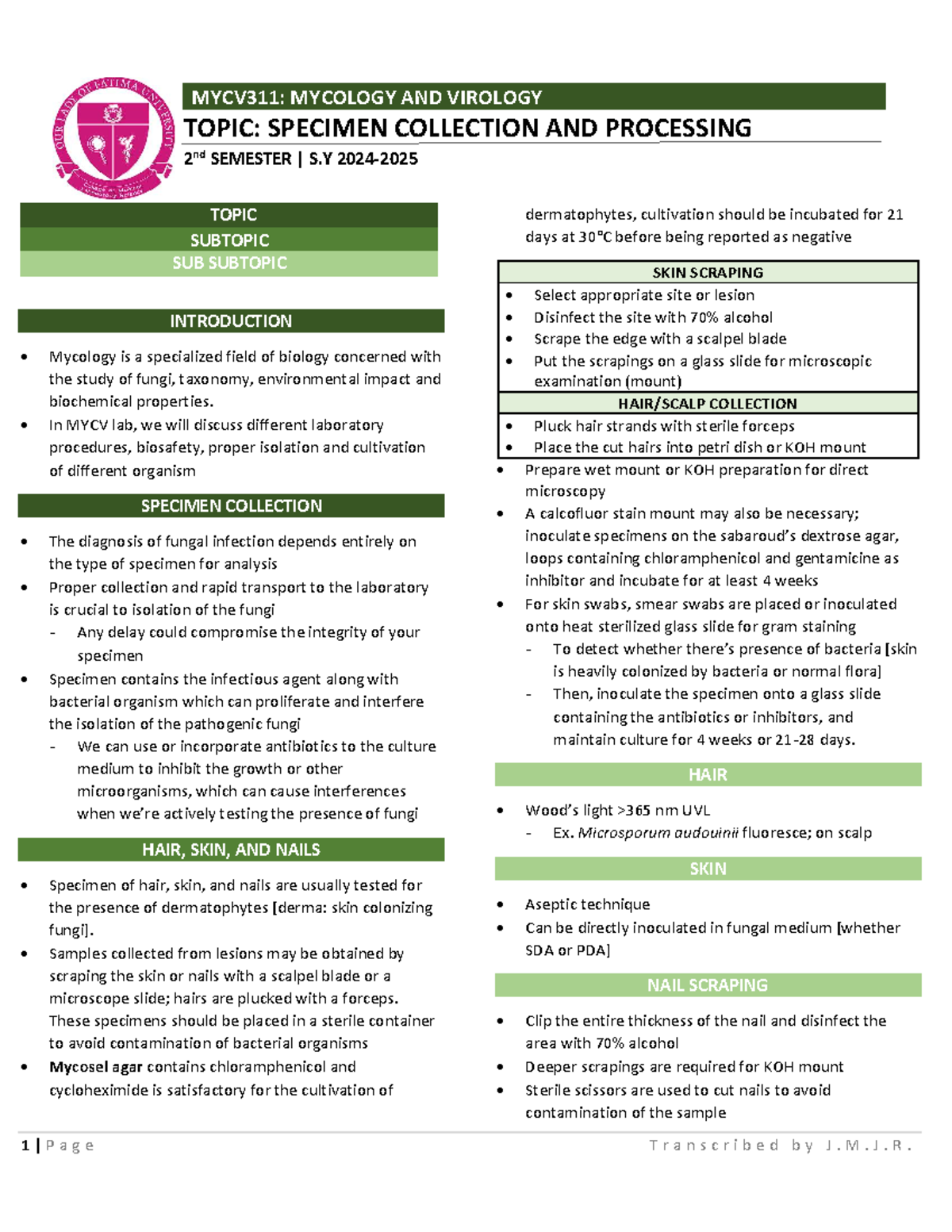 MYCV311: Mycology and Virology - Specimen Collection & Processing Notes ...