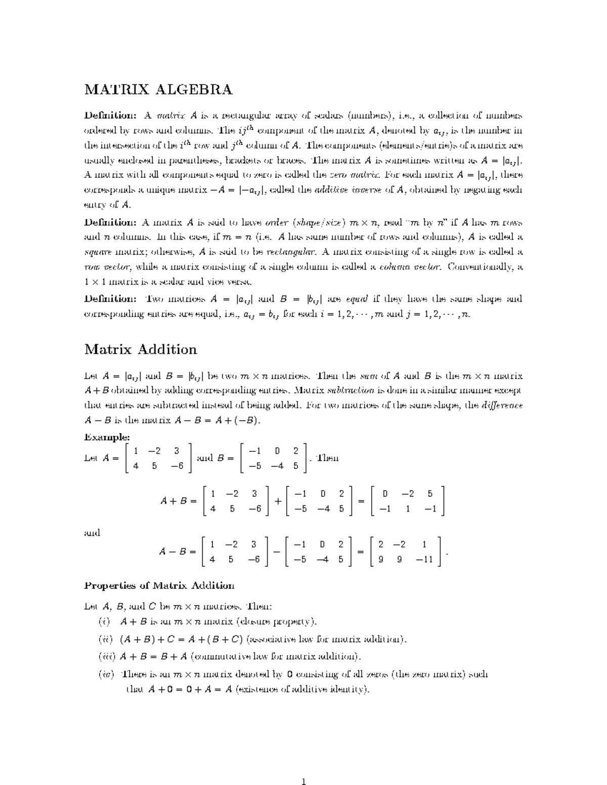 Matrix Algebra-1: Comprehensive Summary Notes - Studocu