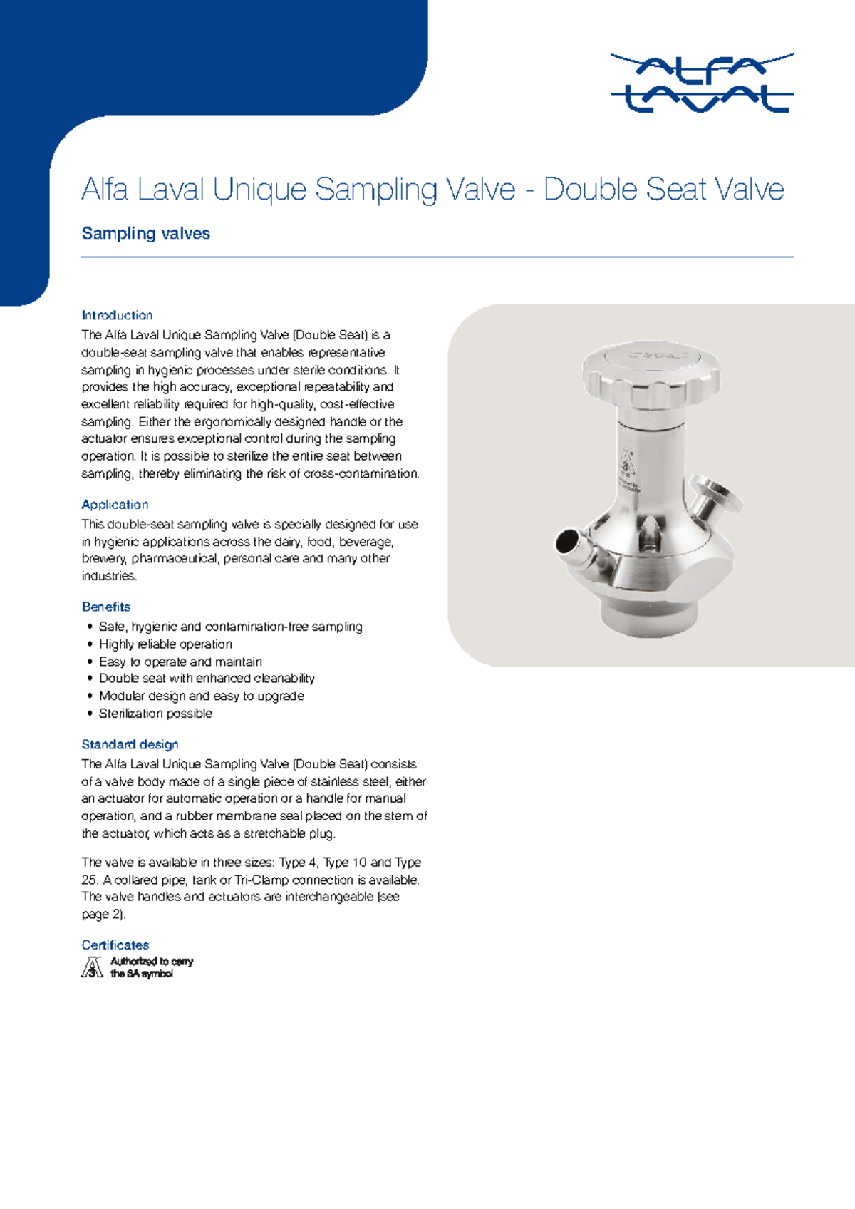 Alfa Laval Unique Sampling Valve (Double Seat) Product Leaflet - Studocu