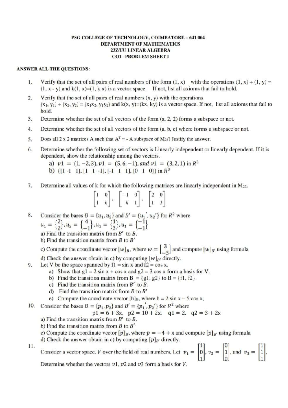 CO1 Linear Algebra Problem Sheet: Vector Spaces and Subspaces - Studocu