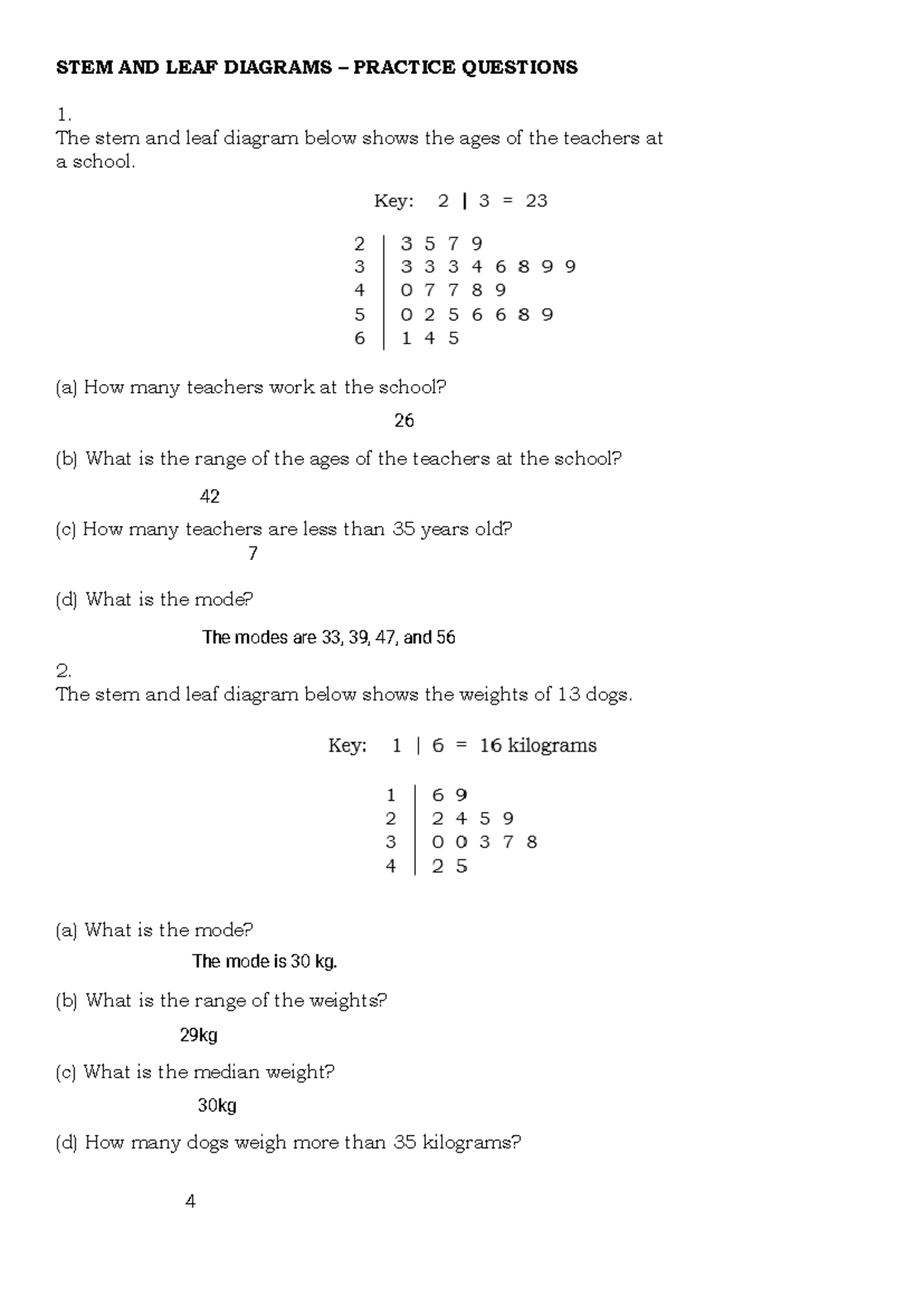 STEM AND LEAF DIAGRAMS PRACTICE QUESTIONS - ASSIGNMENT ANSWERS - Studocu