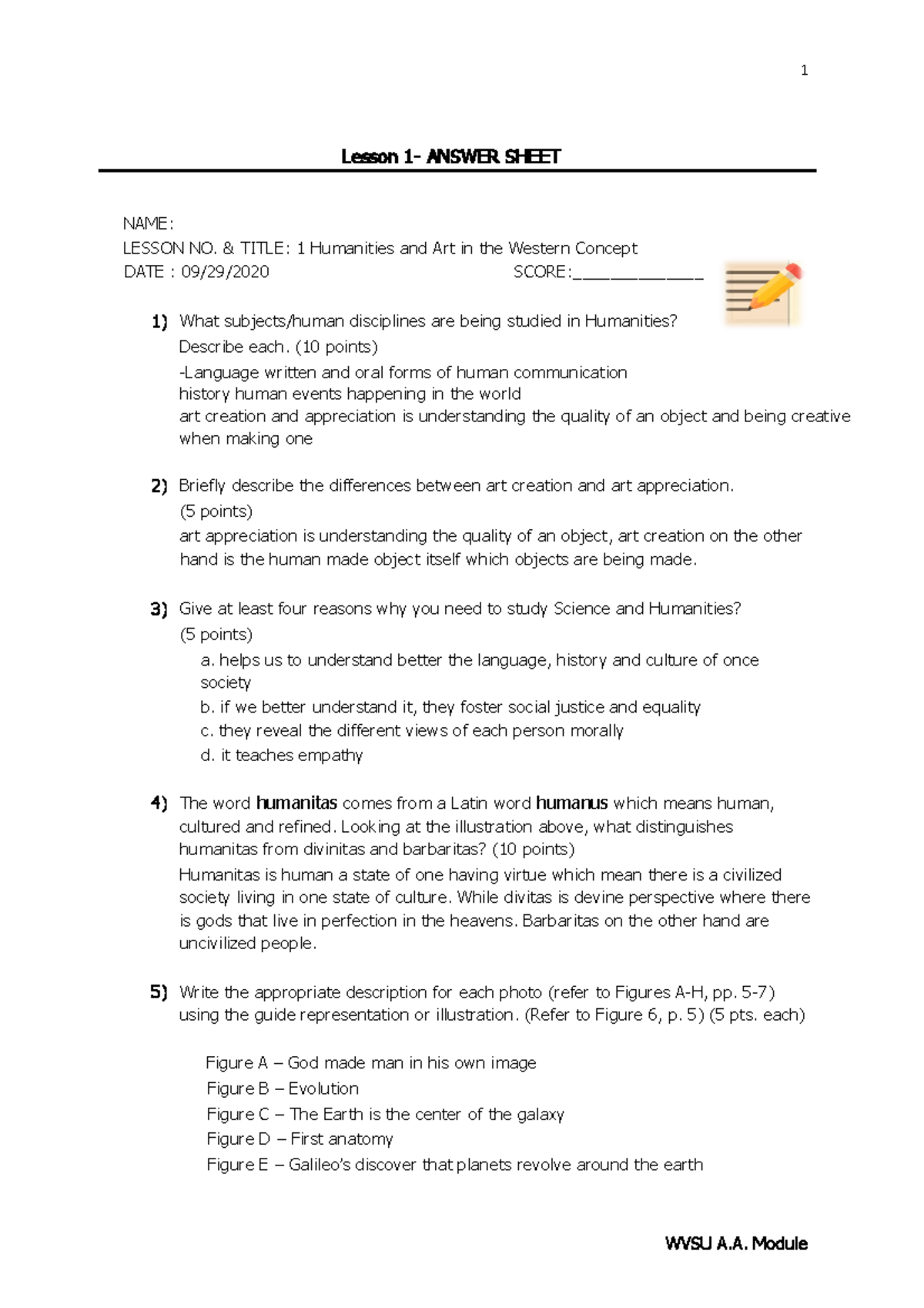 WVSU A.A. Unit 1 Lesson 1 Assignment on Humanities and Art - Studocu