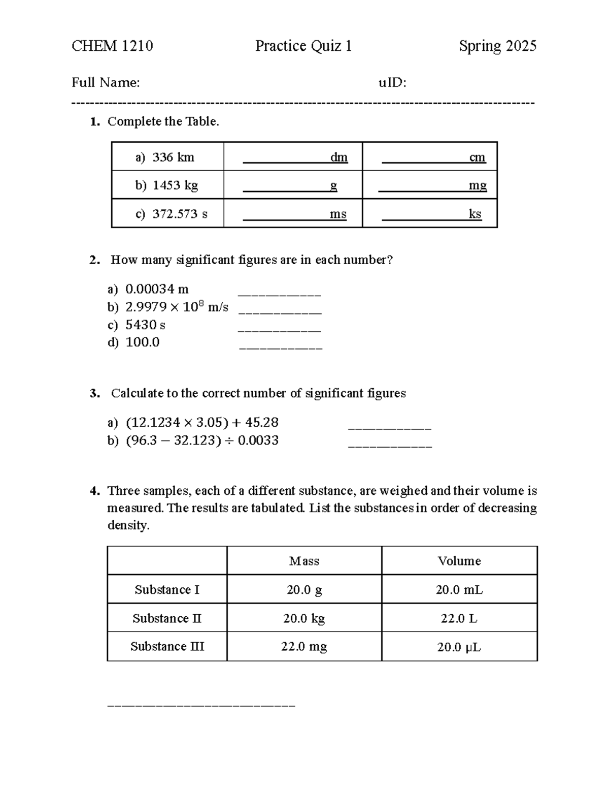 CHEM 1210 Practice Quiz Week 11 Spring 2025 - CHEM 1210 Practice Quiz 1 ...