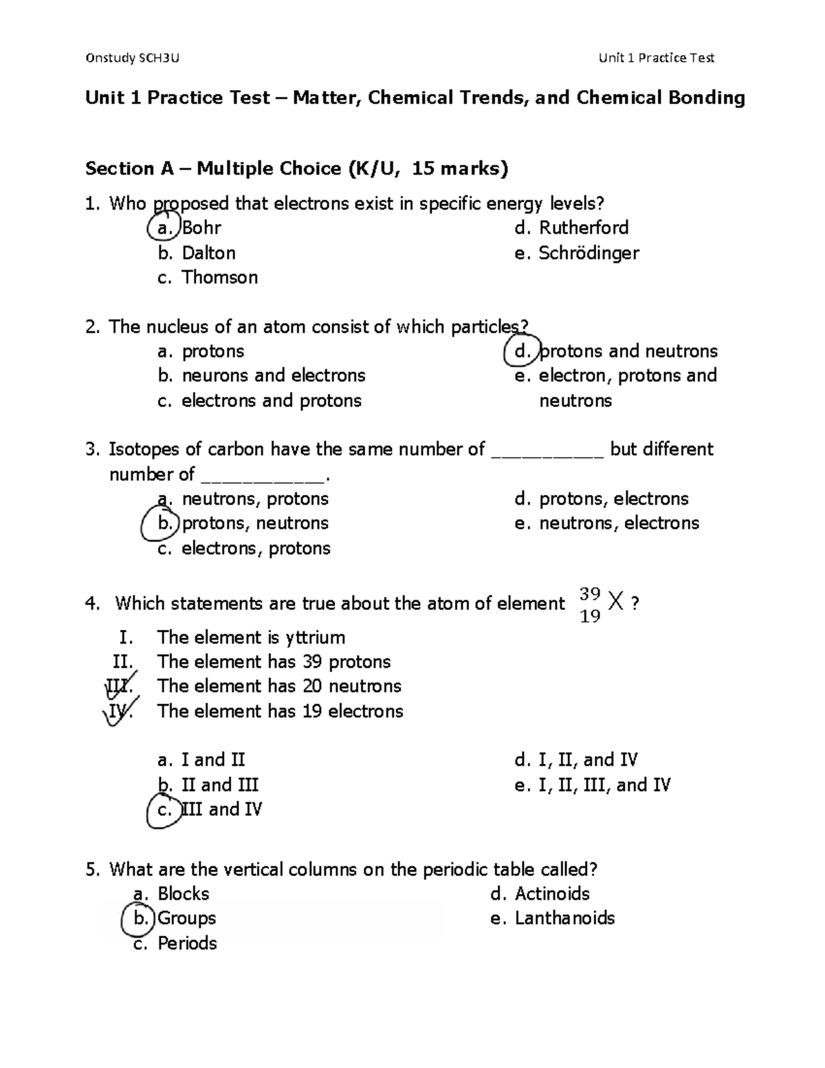 SCH3U Unit 1 Practice Test: Matter, Chemical Trends & Bonding - Studocu