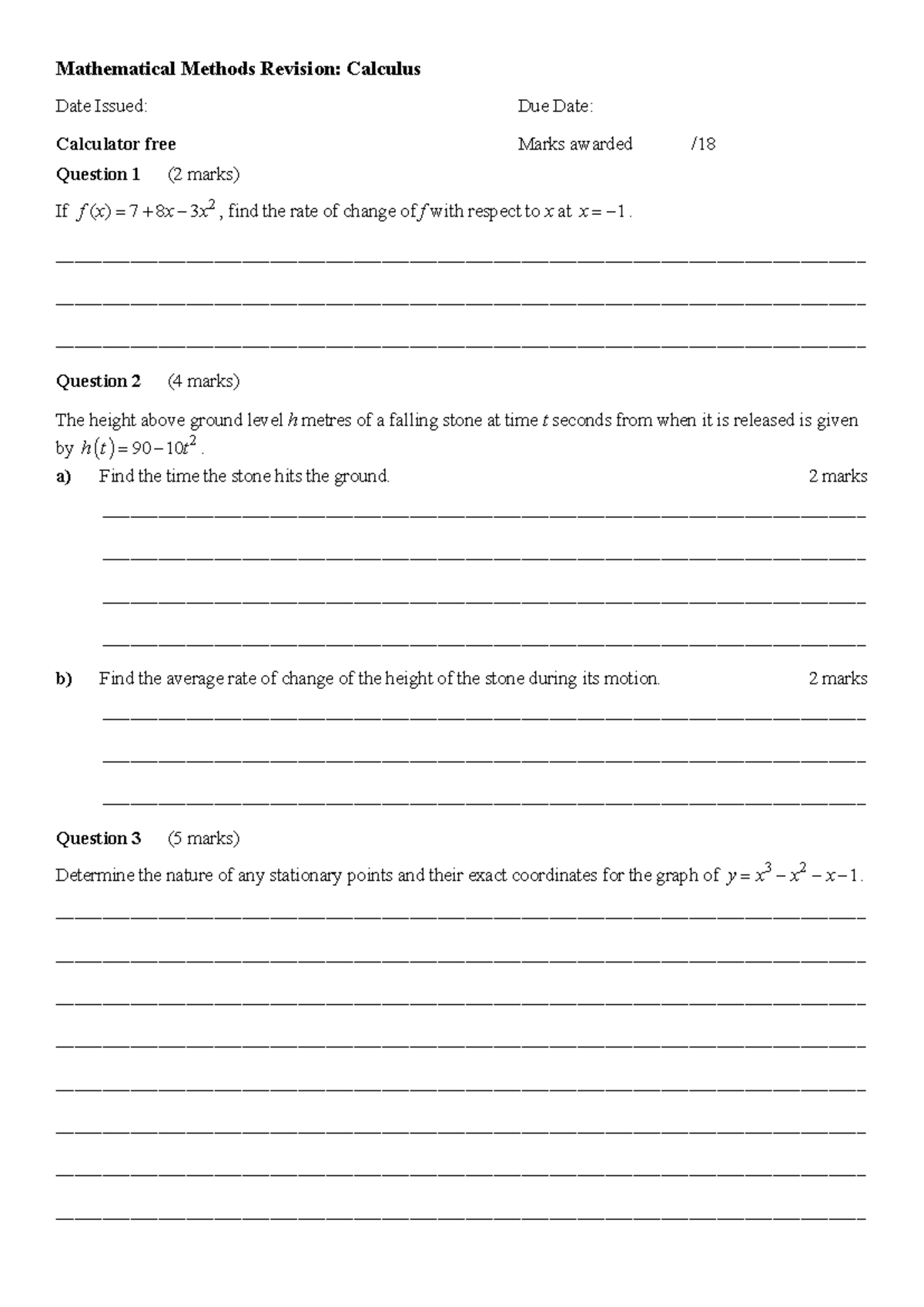 Mathematical Methods Revision: Differential Calculus Worksheet - Studocu