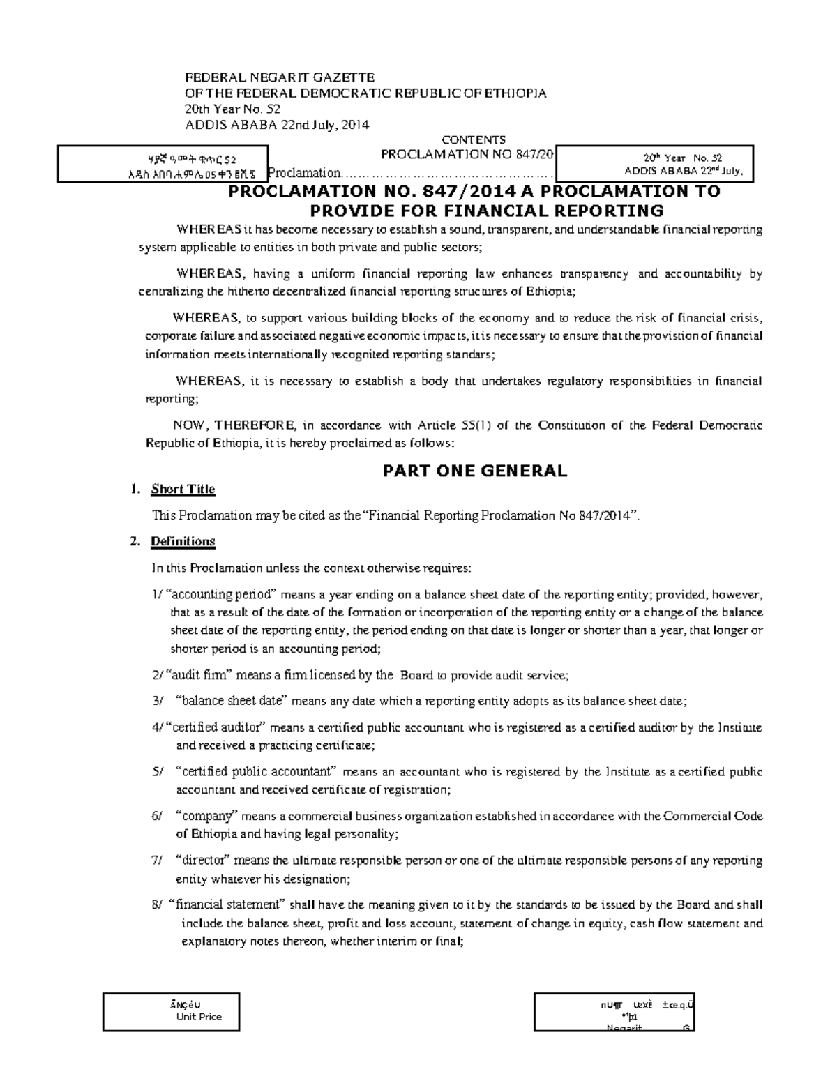 Financial Reporting Proclamation No. 847/2014 - Overview and Analysis ...