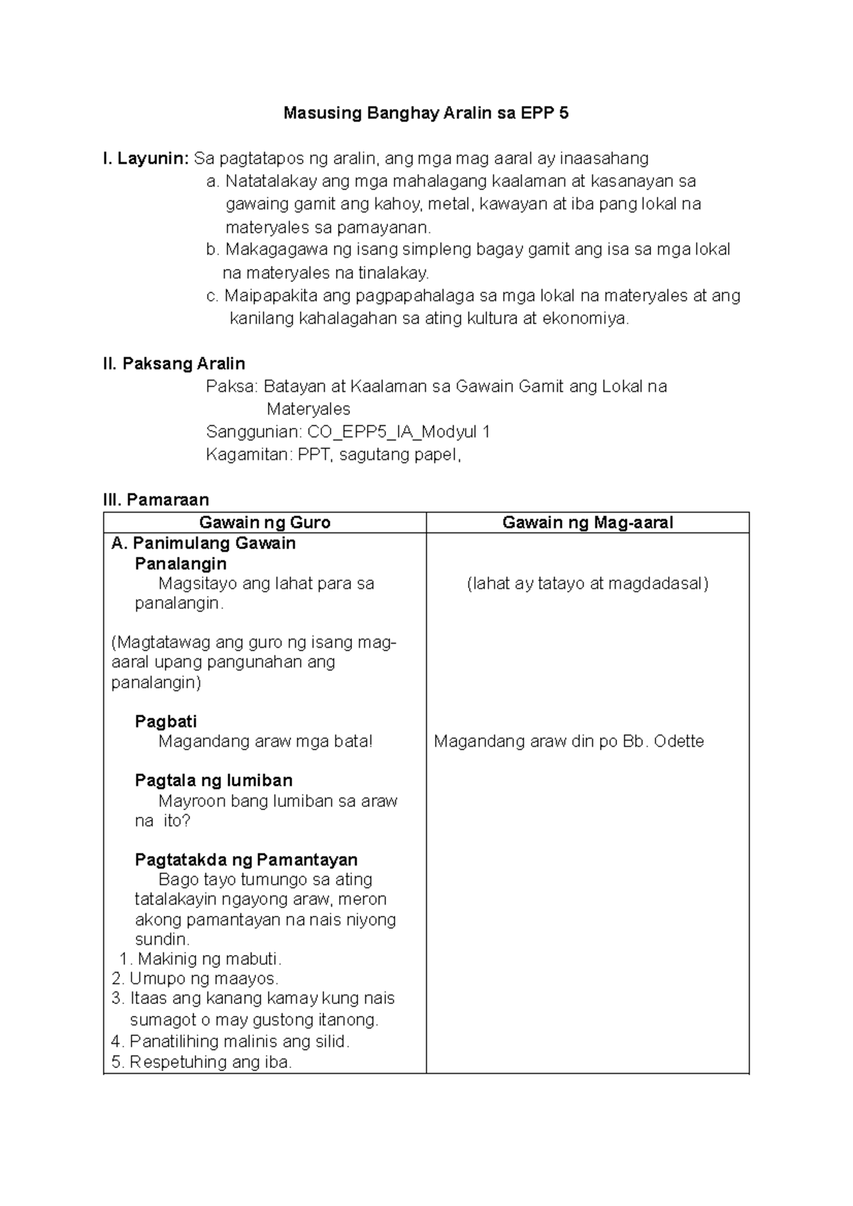 DLP-EPP - Detailed Lesson Plan on Local Materials in EPP 5 - Studocu