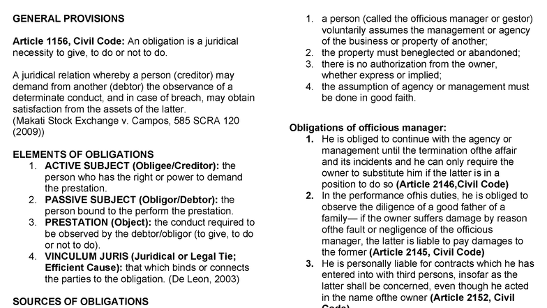Obligations & Contracts: Key Provisions and Elements (CIVIL CODE) - Studocu