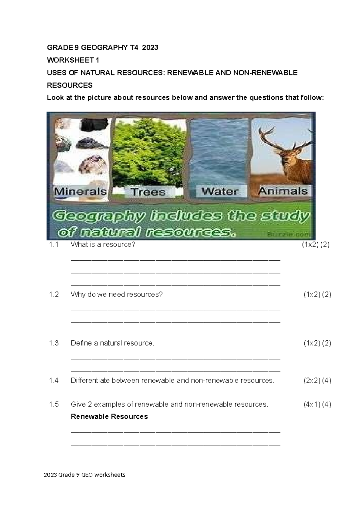 2023 Grade 9 Geography T4 Worksheets on Natural Resources and ...