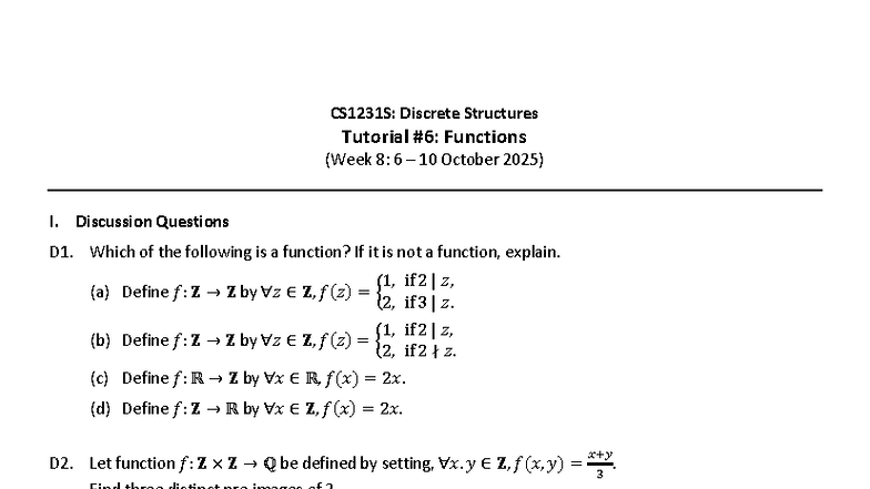 CS1231S: Discrete Structures Tutorial 6 Questions (Week 8) - Studocu