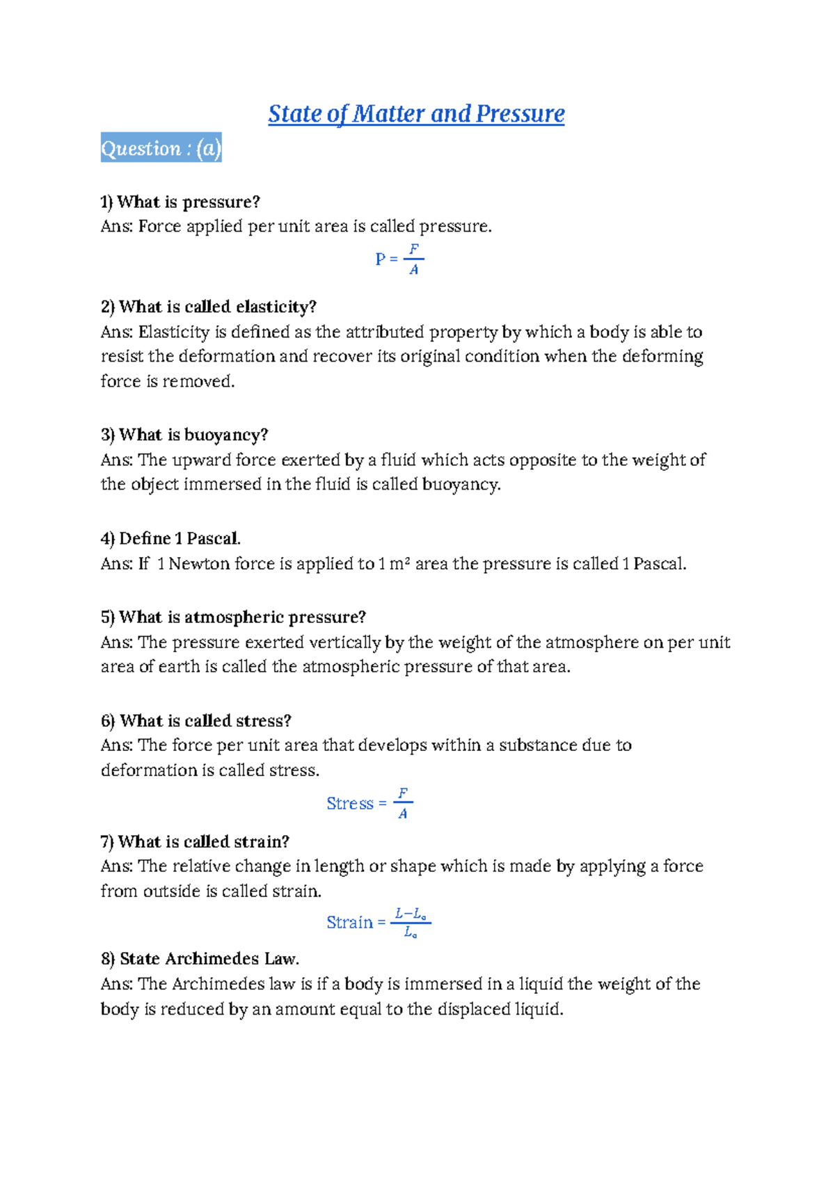 SSC Physics State of Matter & Pressure - State of Matter and Pressure ...