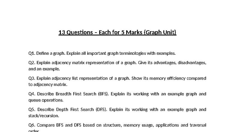 13 Questions on Graph Theory (Unit 5 DS) for 5 Marks - Studocu