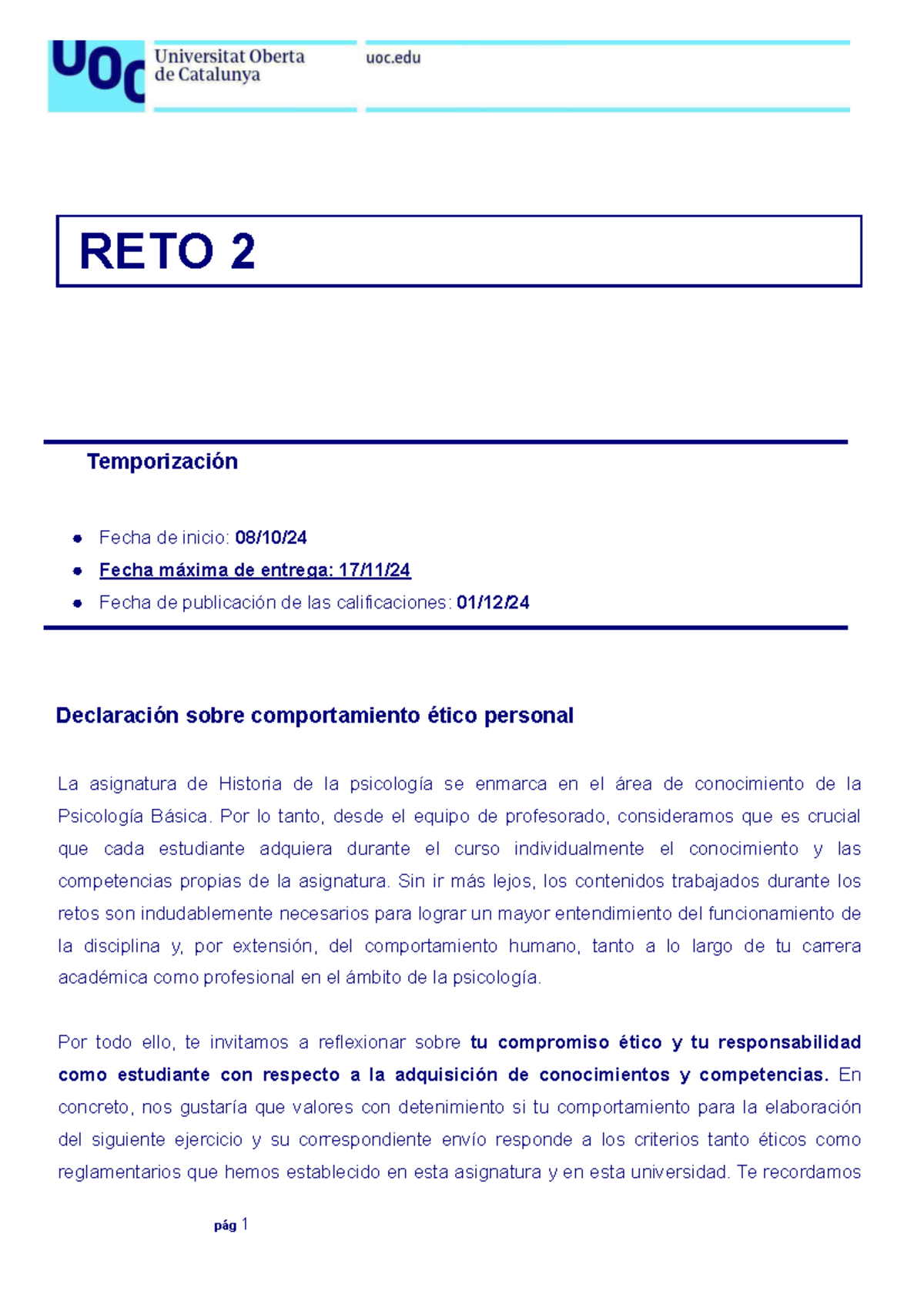 Historia de la Psicología - PEC 2: Reflexiones y Ética en el ...