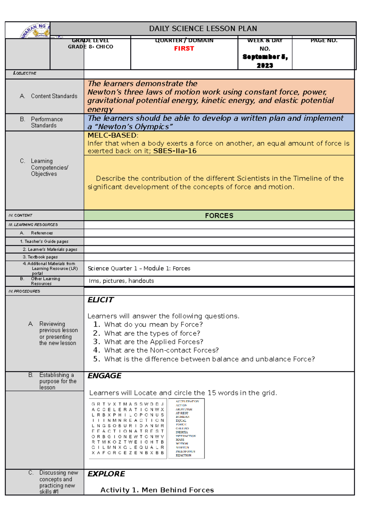 Science 8 - Lesson Plan: Newton’s Laws & Forces - Quarter 1 (9-5-23 ...