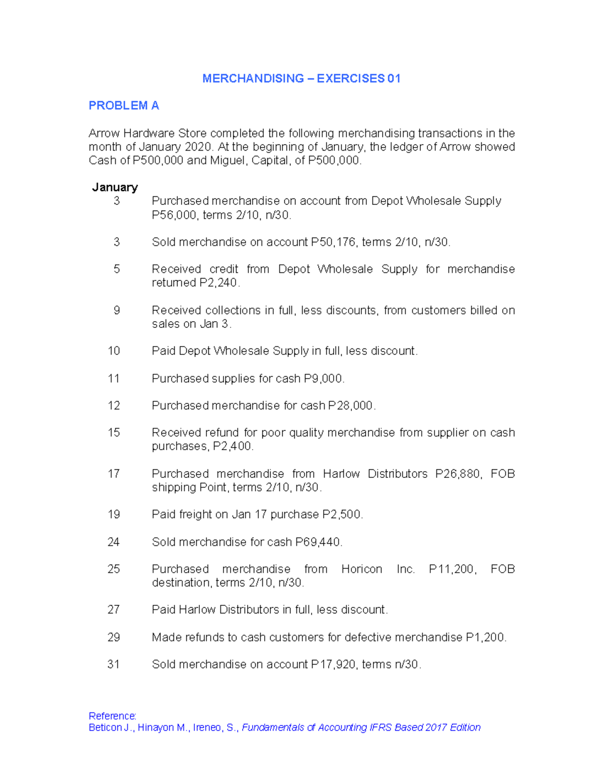 Merchandising - Exercises 01 (ACCT 101) with Transaction Journal ...