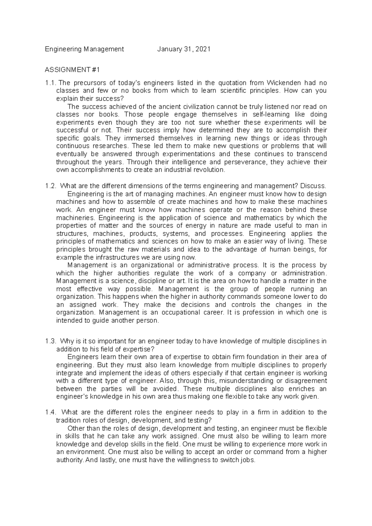 Engineering Management Assignment 1 - Engineering Management January 31 ...