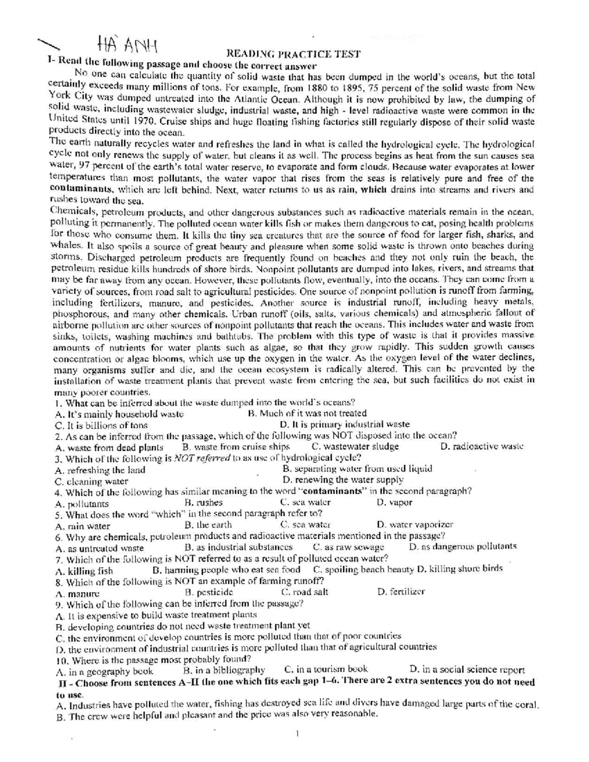 ANH READING PRACTICE TEST: Environmental Impact and Human Health - Studocu