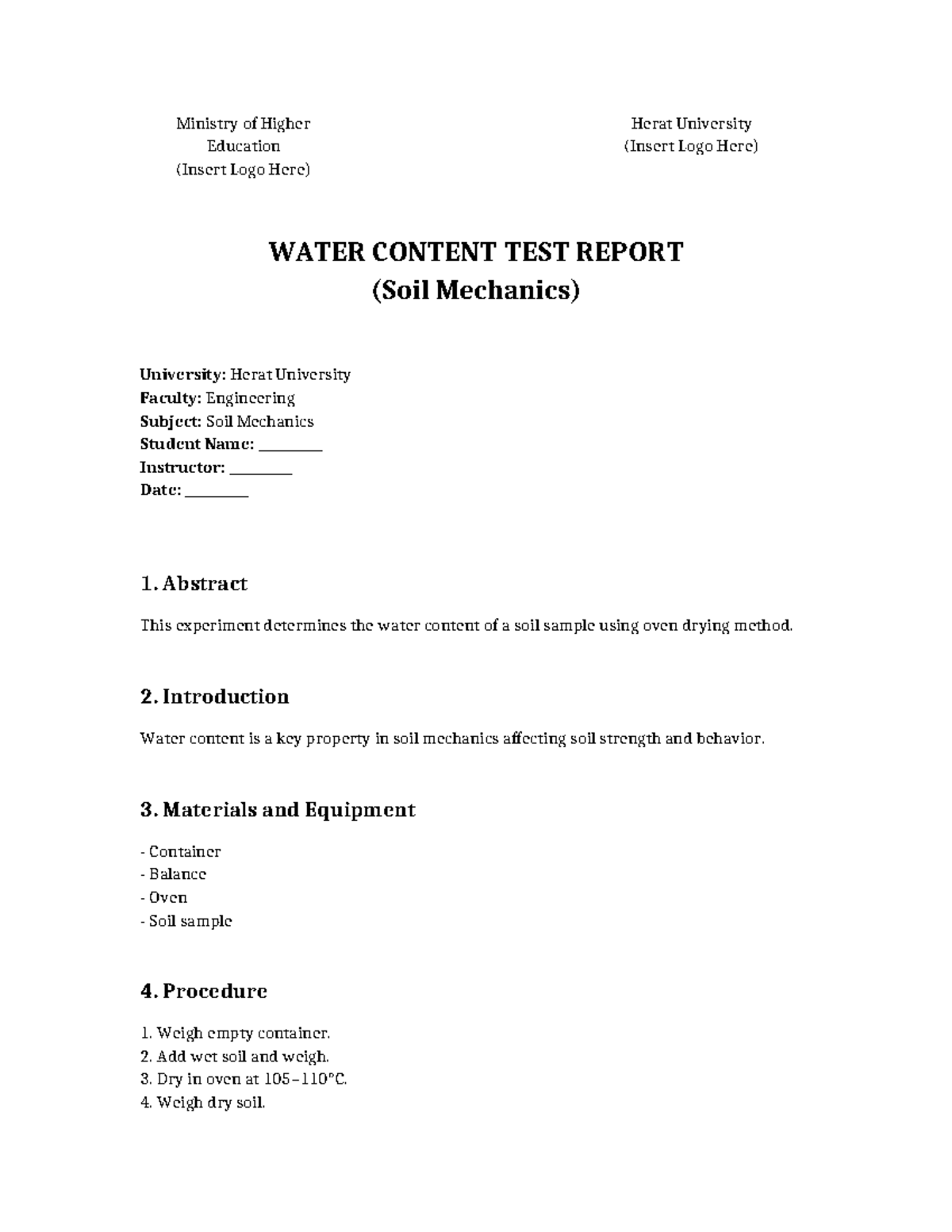 Water Content Test Report (Soil Mechanics) - Herat University - Studocu