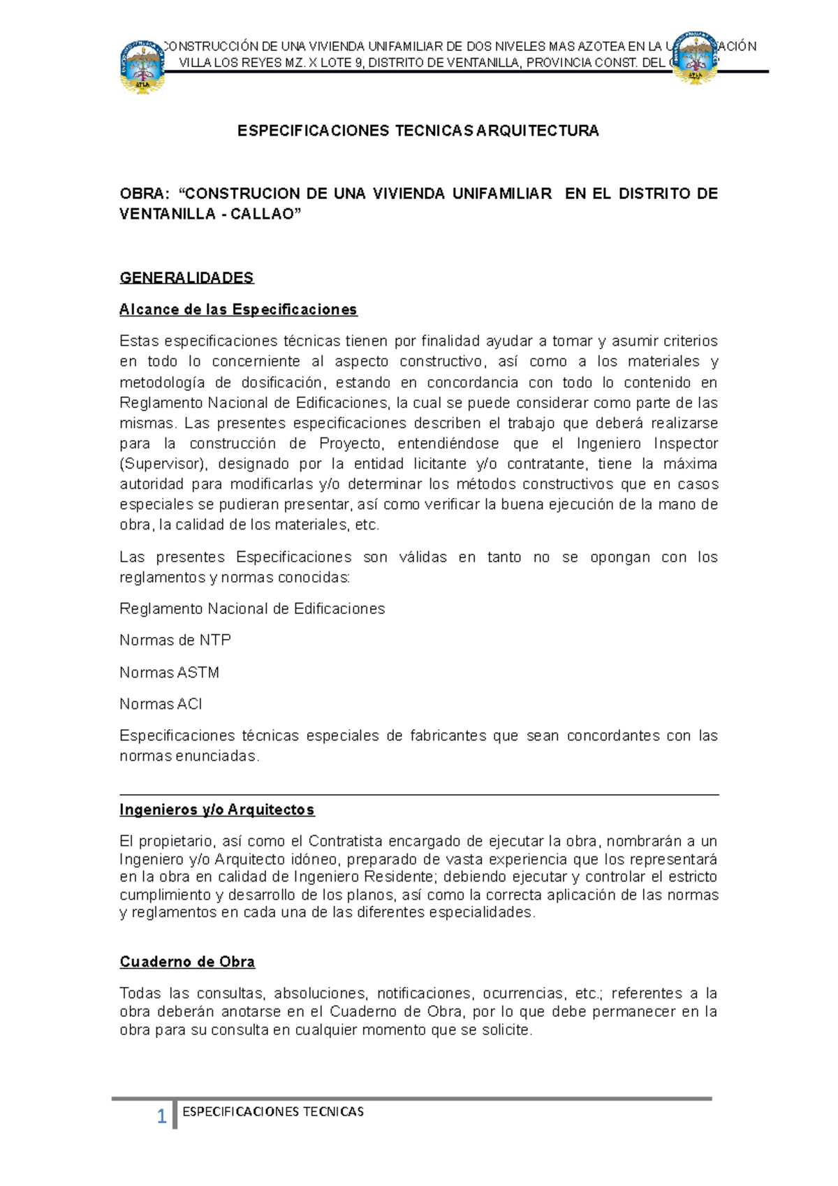 Especificaciones Técnicas para Vivienda Unifamiliar - V. Callao - Studocu