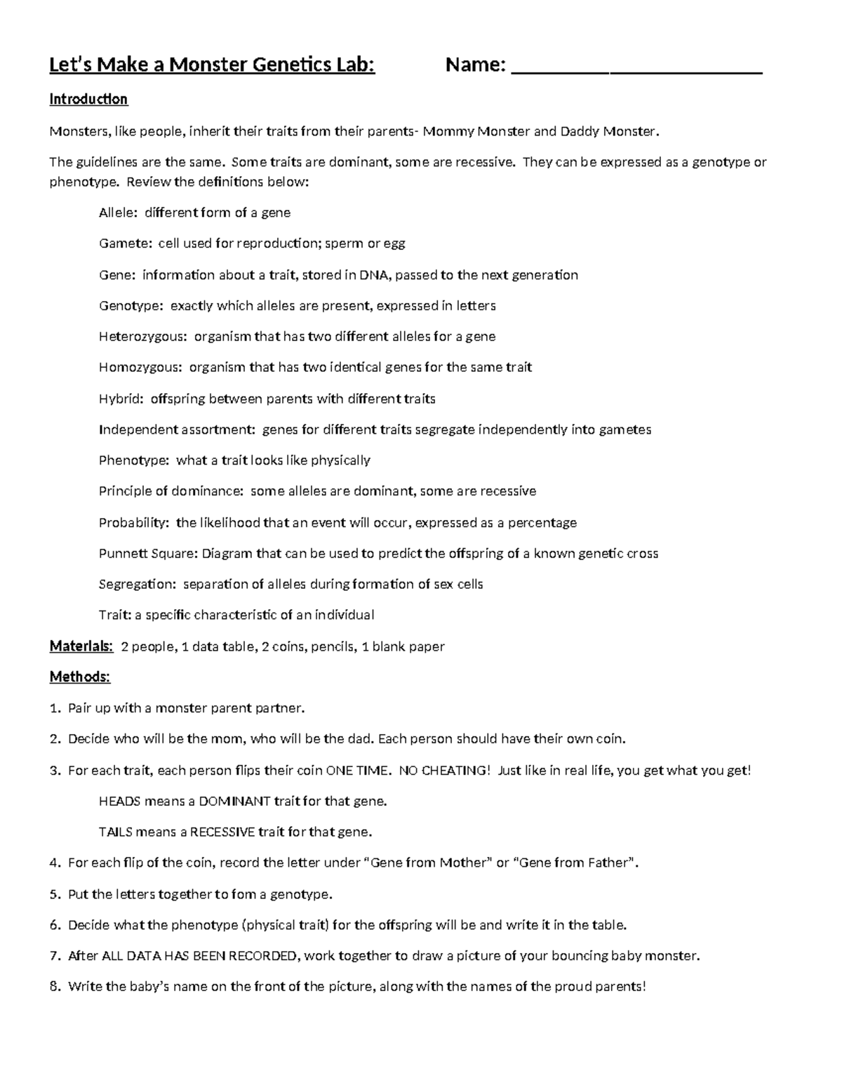 Make a Monster Genetics Lab: Intro & Methods Guide - Studocu