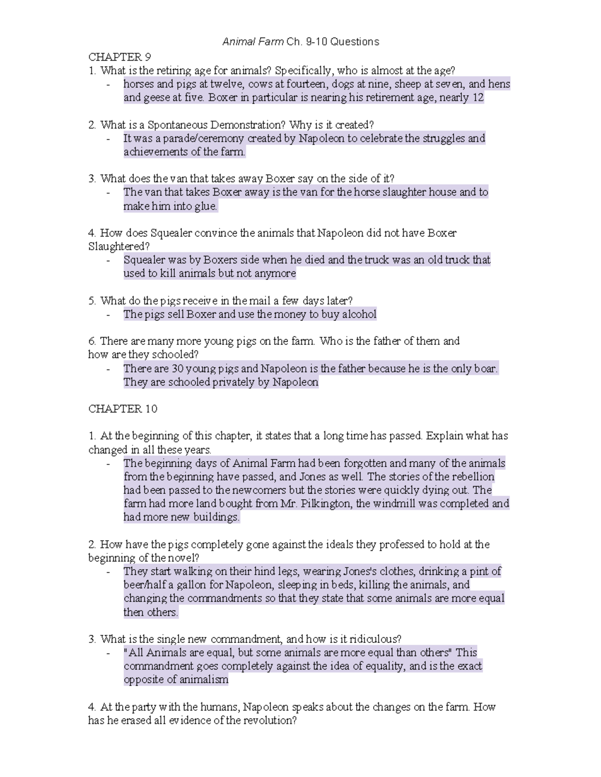 Animal Farm Ch. 9-10 Questions - Animal Farm Ch. 9-10 Questions CHAPTER ...