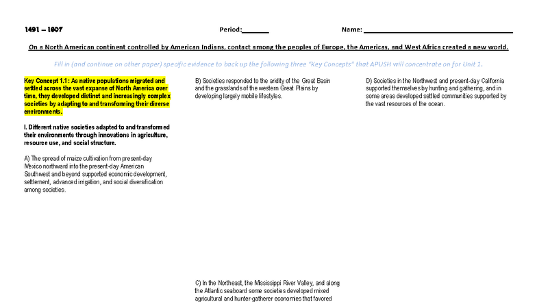 APUSH Unit 1 Key Concepts Worksheet (1491-1607) - Studocu