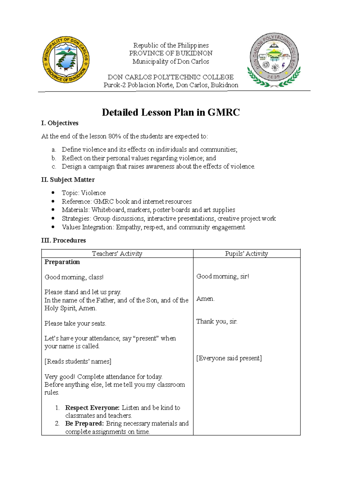Detailed Lesson Plan on Violence - GMRC - BEED 2R - Studocu