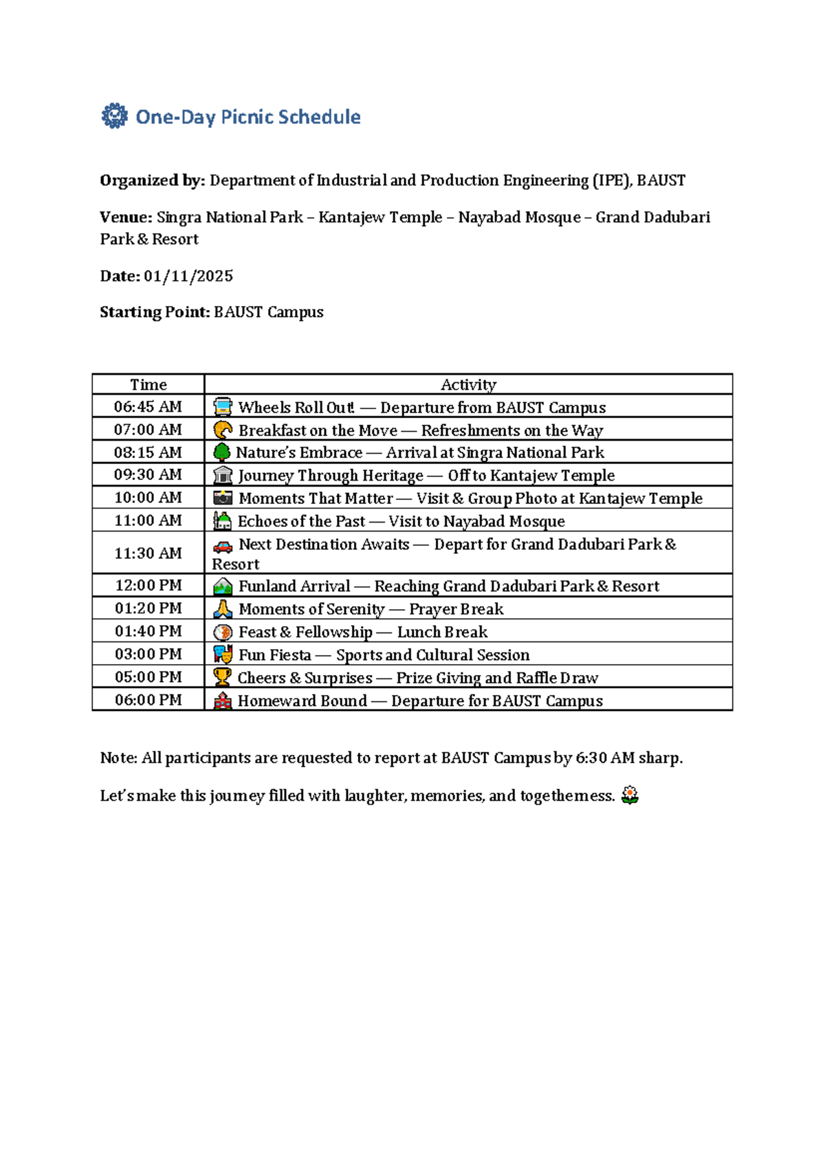 BAUST IPE One Day Picnic Schedule at Singra National Park - Studocu