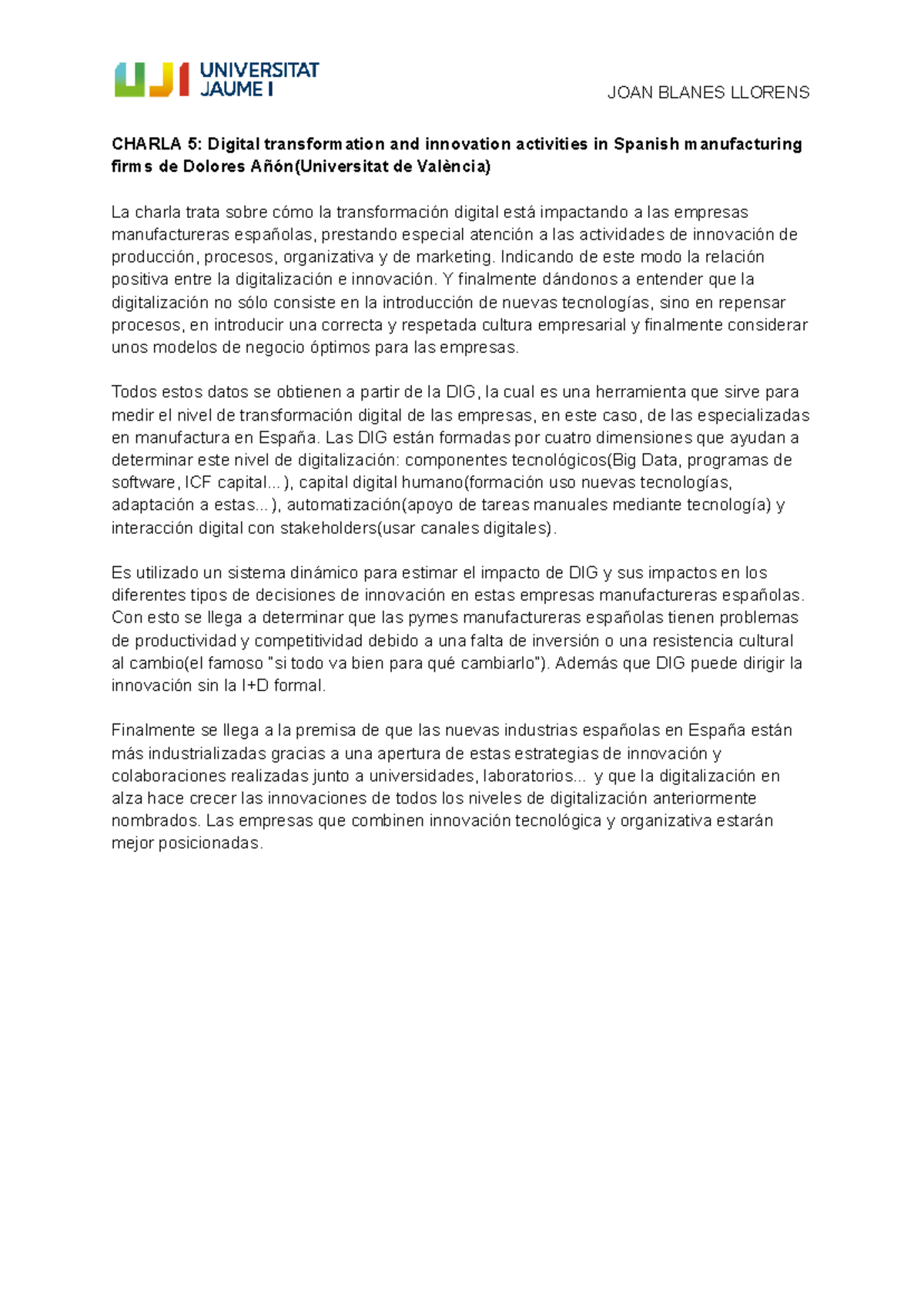 JOAN BLANES LLORENS CHARLA 5: Digital Transformation in Spanish ...