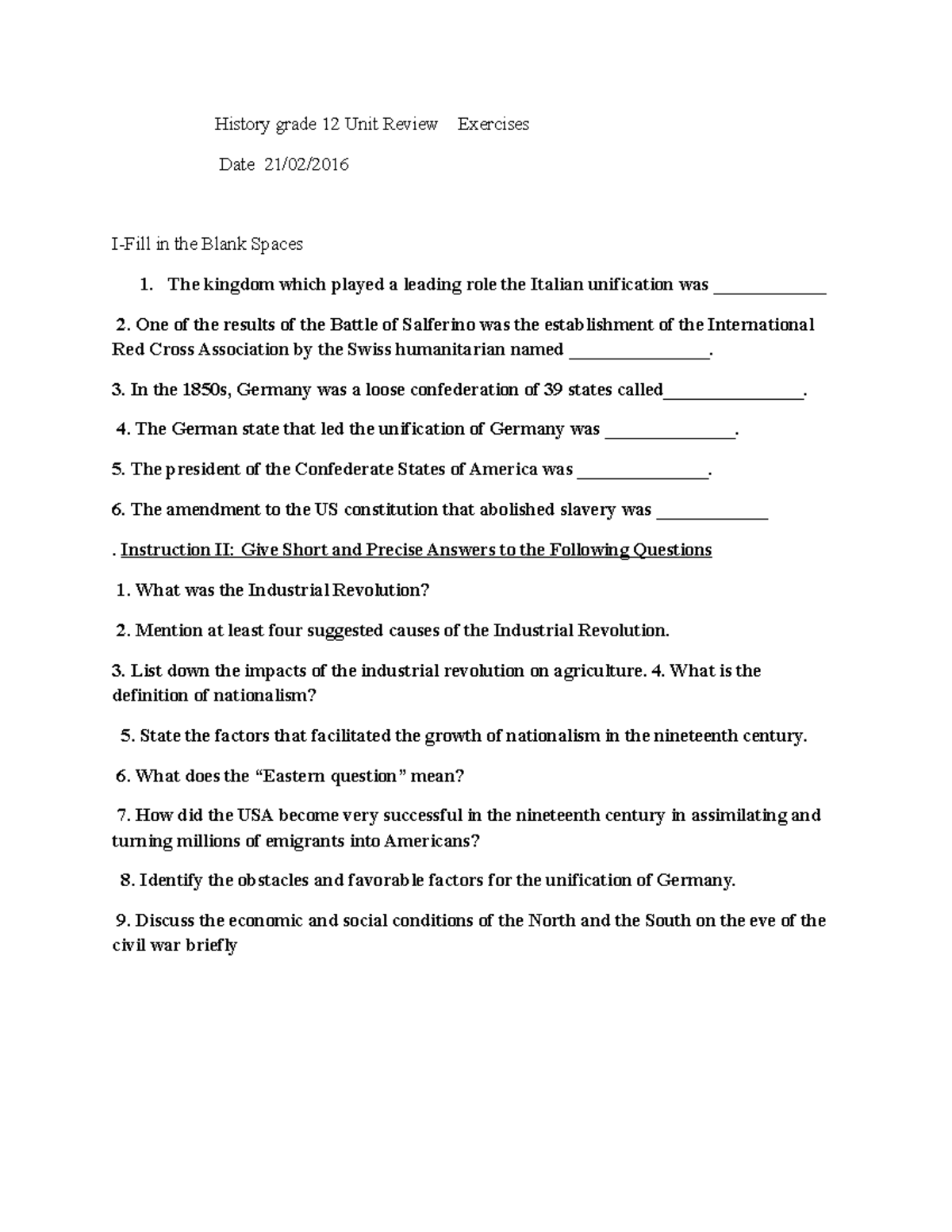 Grade 12 History Unit Review Exercises on Unification & Industrial ...
