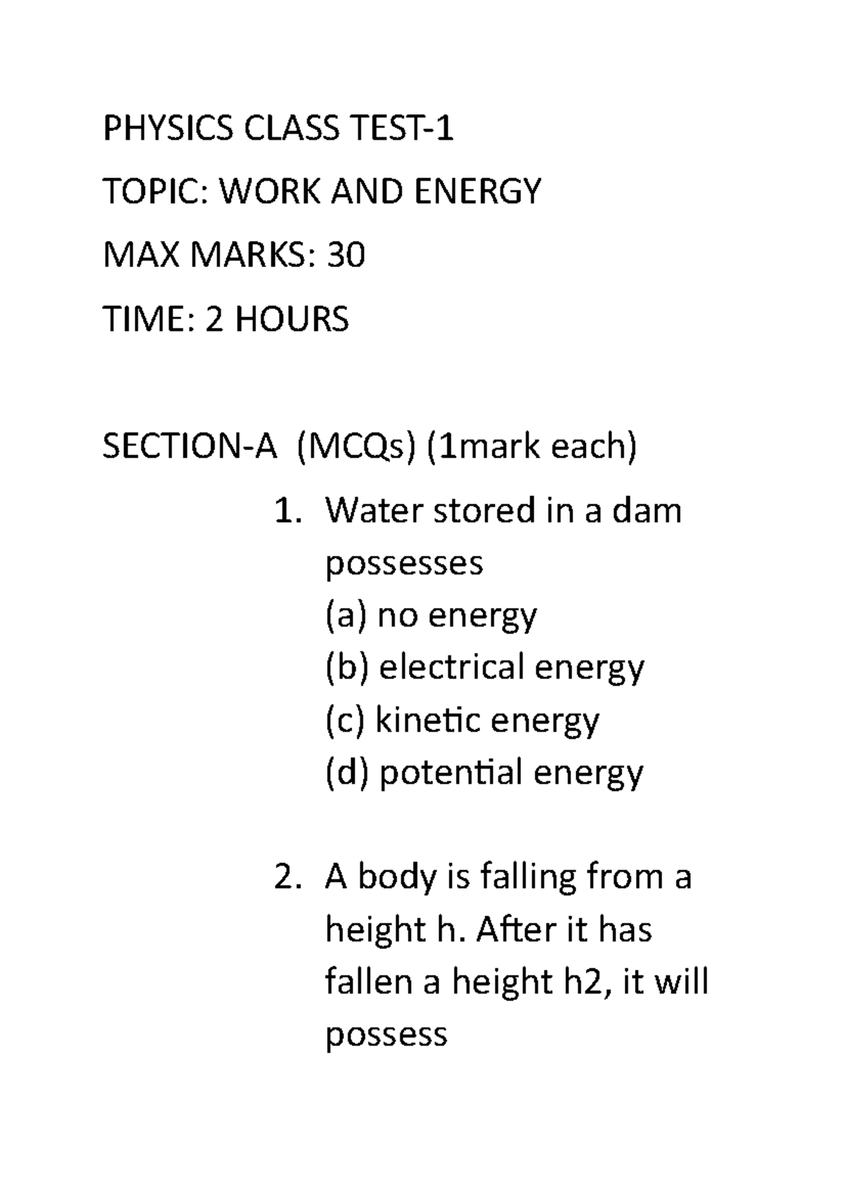 Physics WORK AND Energy Class TEST - PHYSICS CLASS TEST- 1 TOPIC: WORK ...