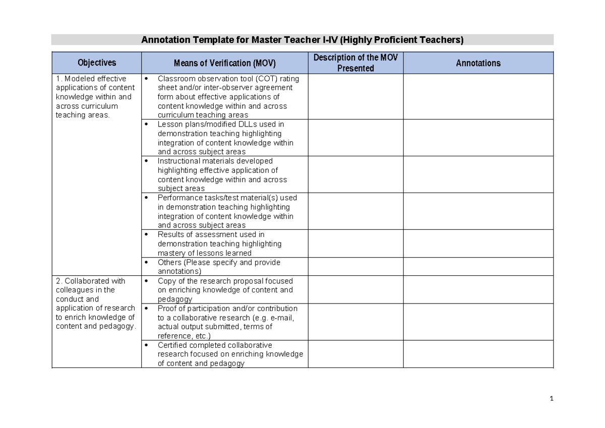 Master Teacher I-IV Annotation Template: Objectives and MOVs Guide ...