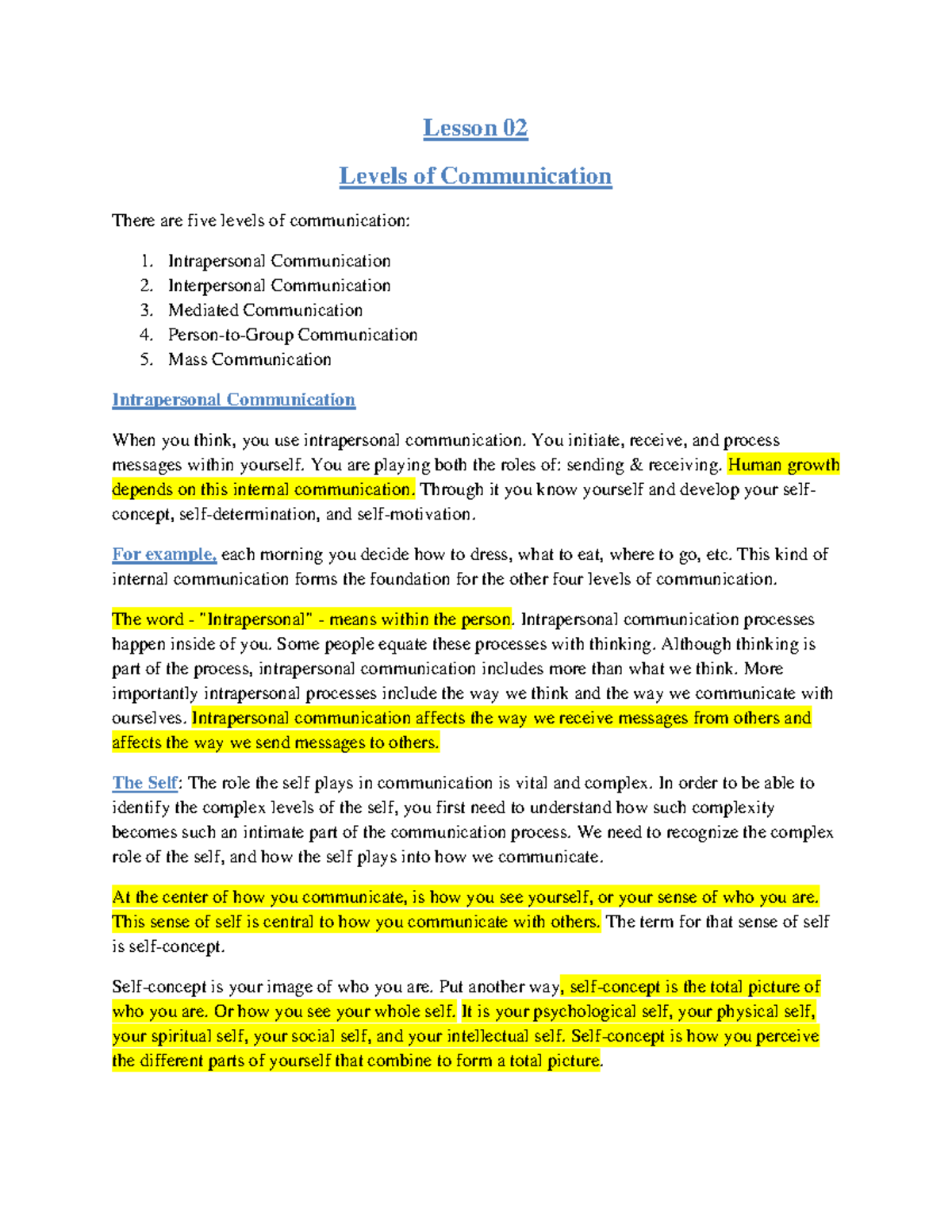 MCM301 Lesson Handouts: Communication Levels and Types Explained - Studocu