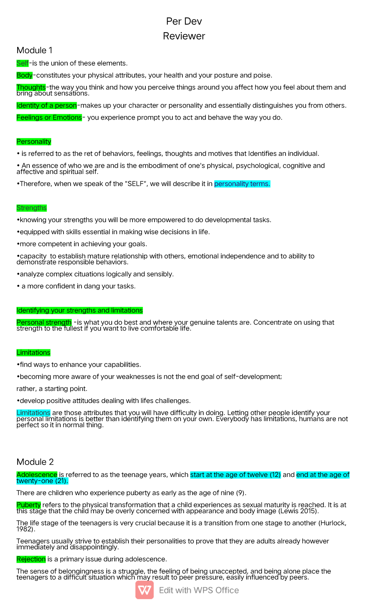 PER DEV Reviewer 1st Quarter - Per Dev Reviewer Module 1 Self-is the union of these elements ...