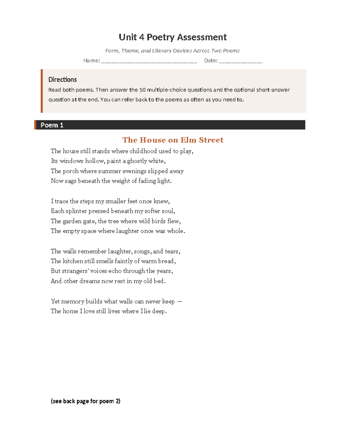 Unit 4 Poetry Assessment: Themes & Devices in Two Poems - Studocu