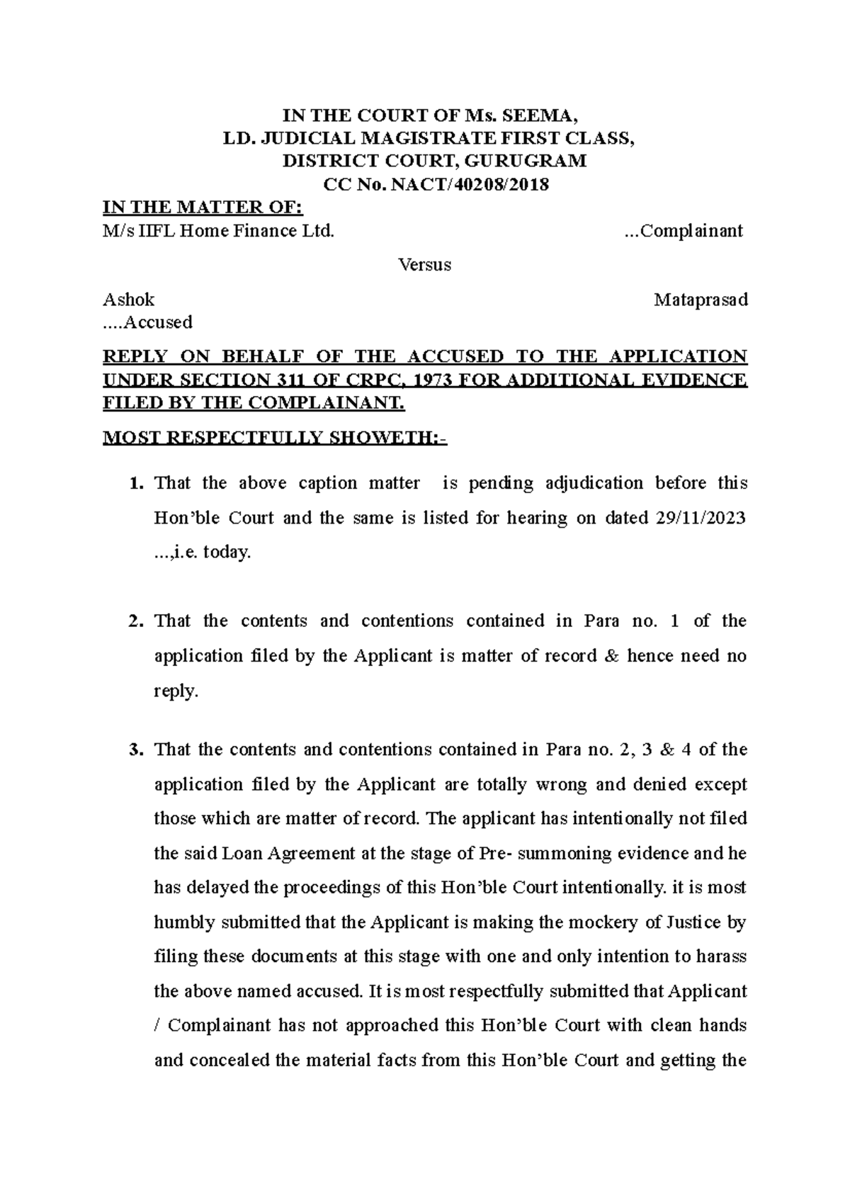 Reply to Application under Section 311 CrPC in CC No. NACT/40208 - Studocu