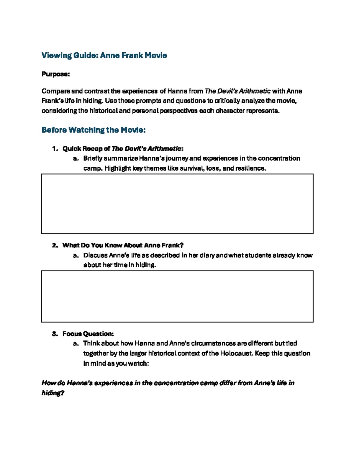 Before Viewing Anne Frank - Viewing Guide: Anne Frank Movie Purpose ...