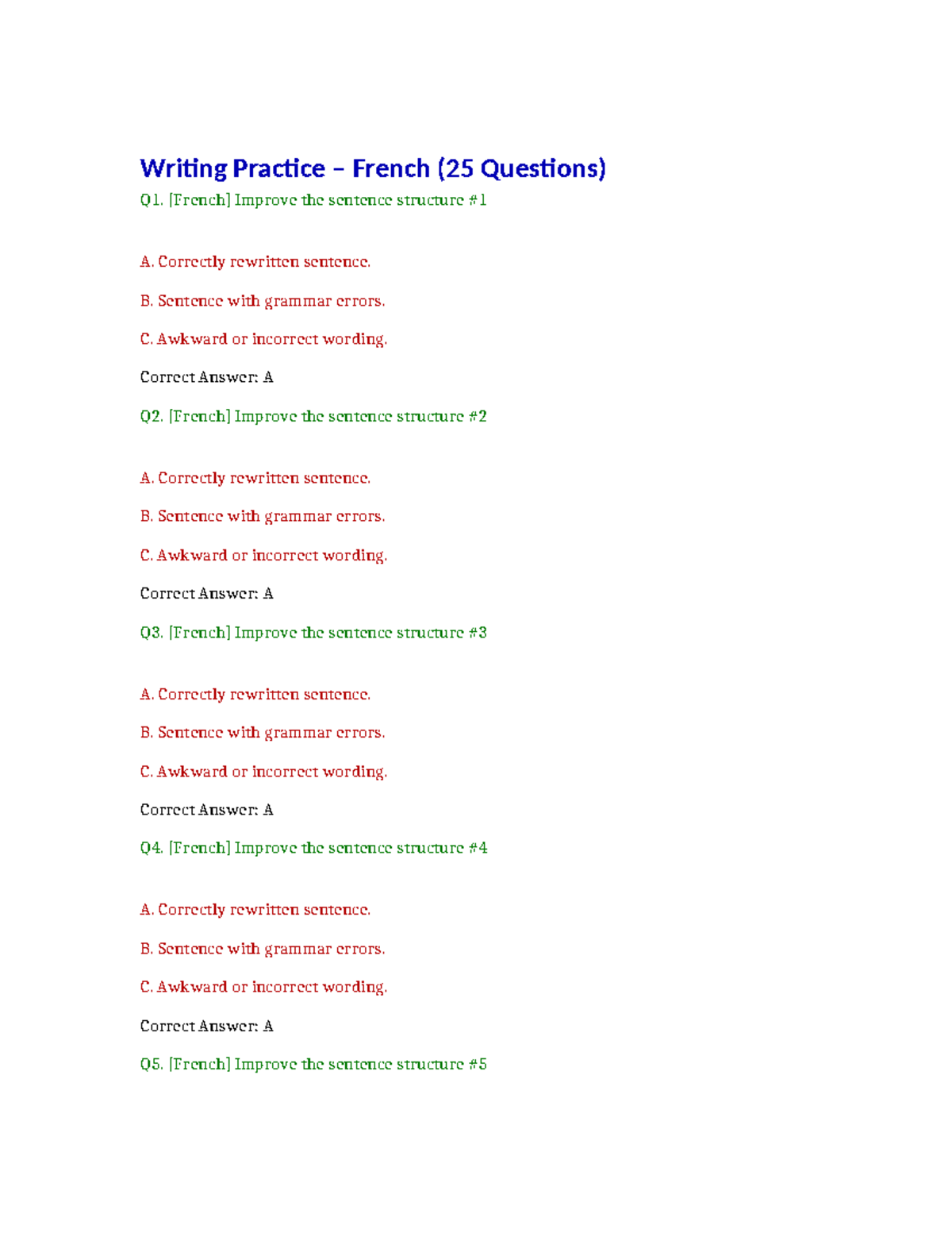French Writing Practice: Sentence Structure Improvement (25 Qs) - Studocu