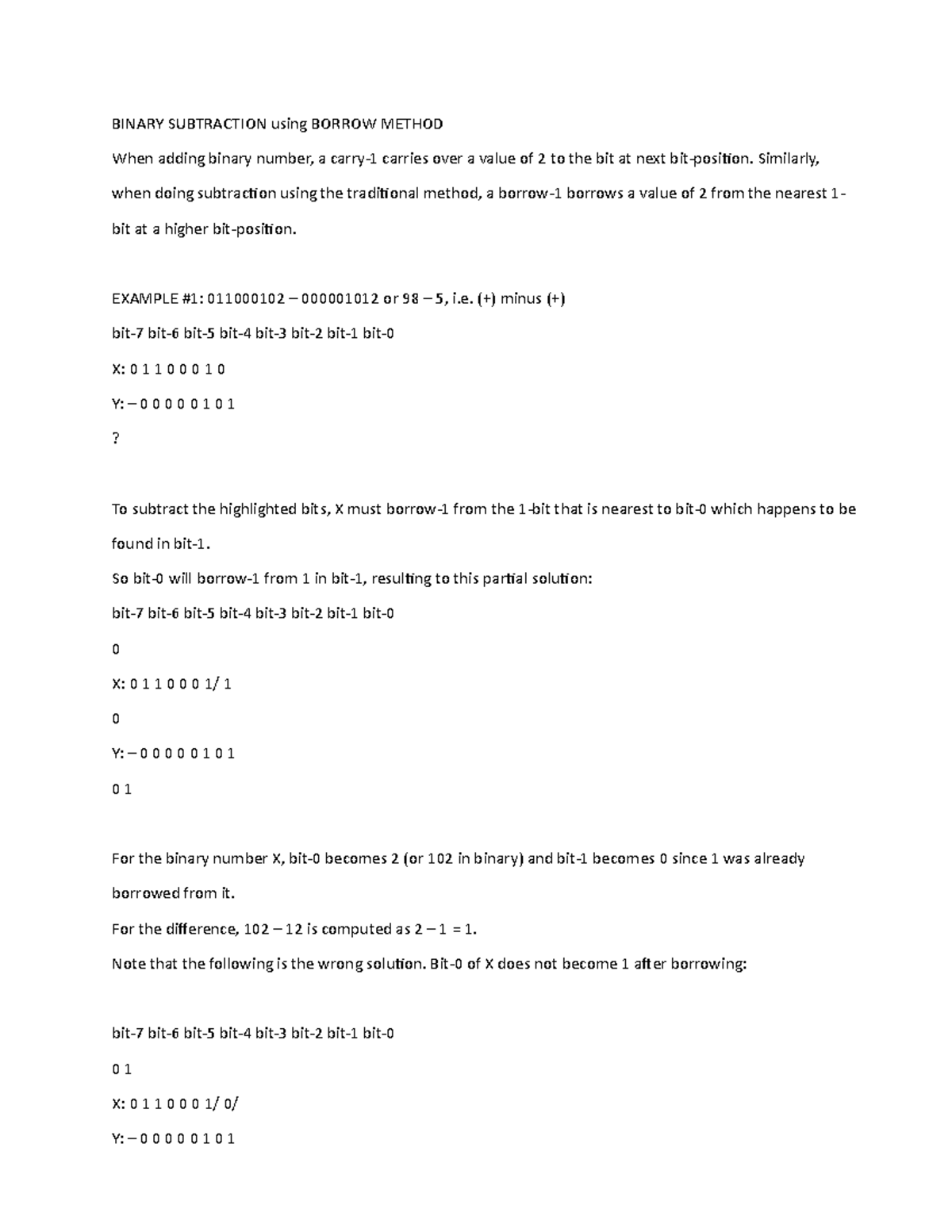 Binary Subtraction Using Borrow Method Binary Subtraction Using Borrow Method When Adding