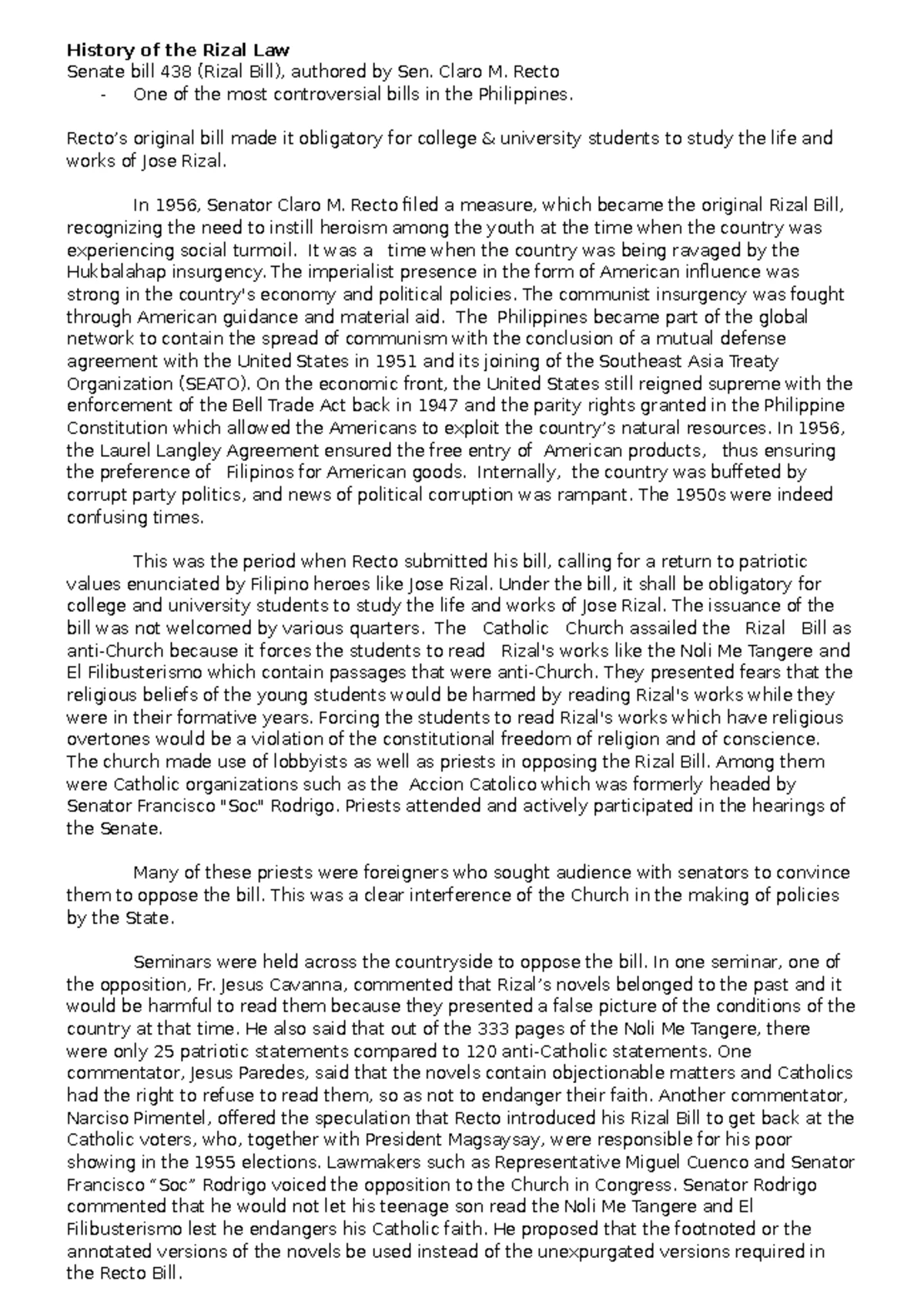 Senate bill 438 known as the Rizal Bill first authored by Senator Claro ...