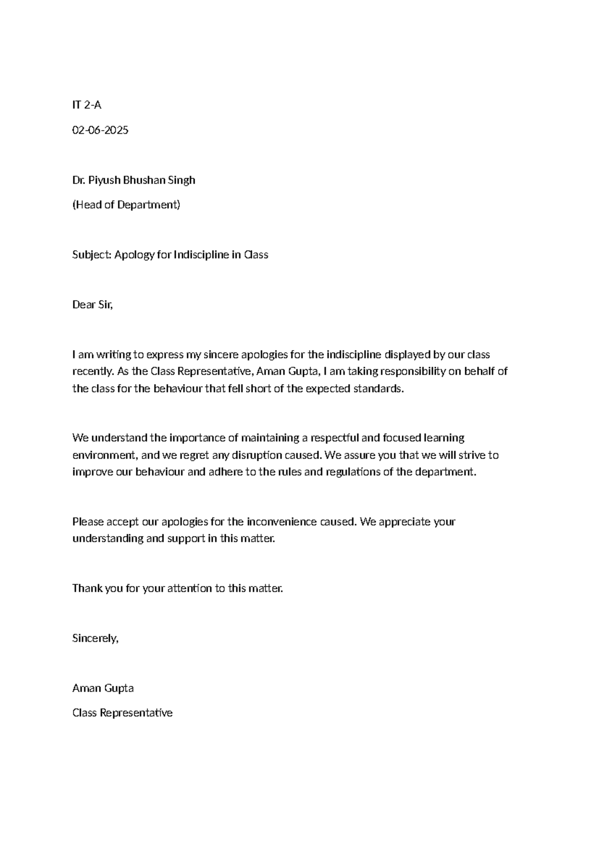 IT 2 - DSA: Apology Letter for Class Indiscipline by Aman Gupta - Studocu