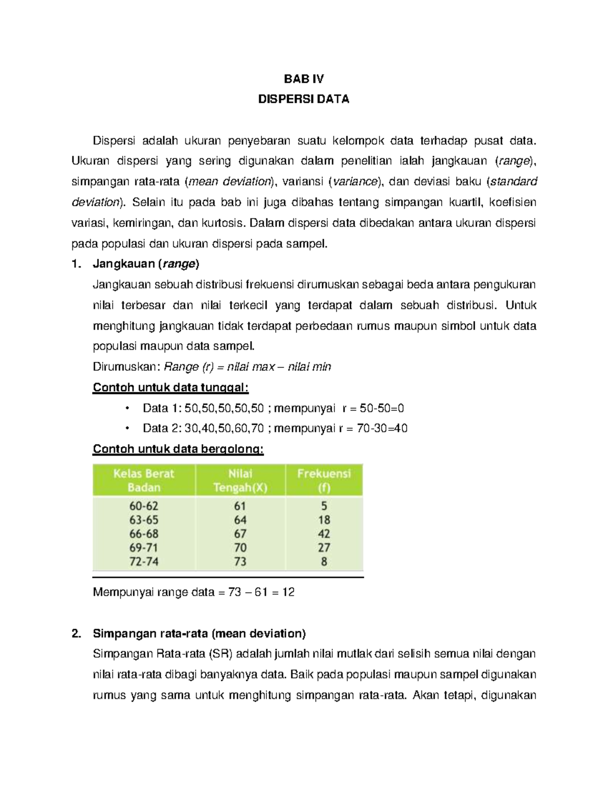 BAB IV: Ulasan Lengkap tentang Dispersi Data dalam Statistik - Studocu