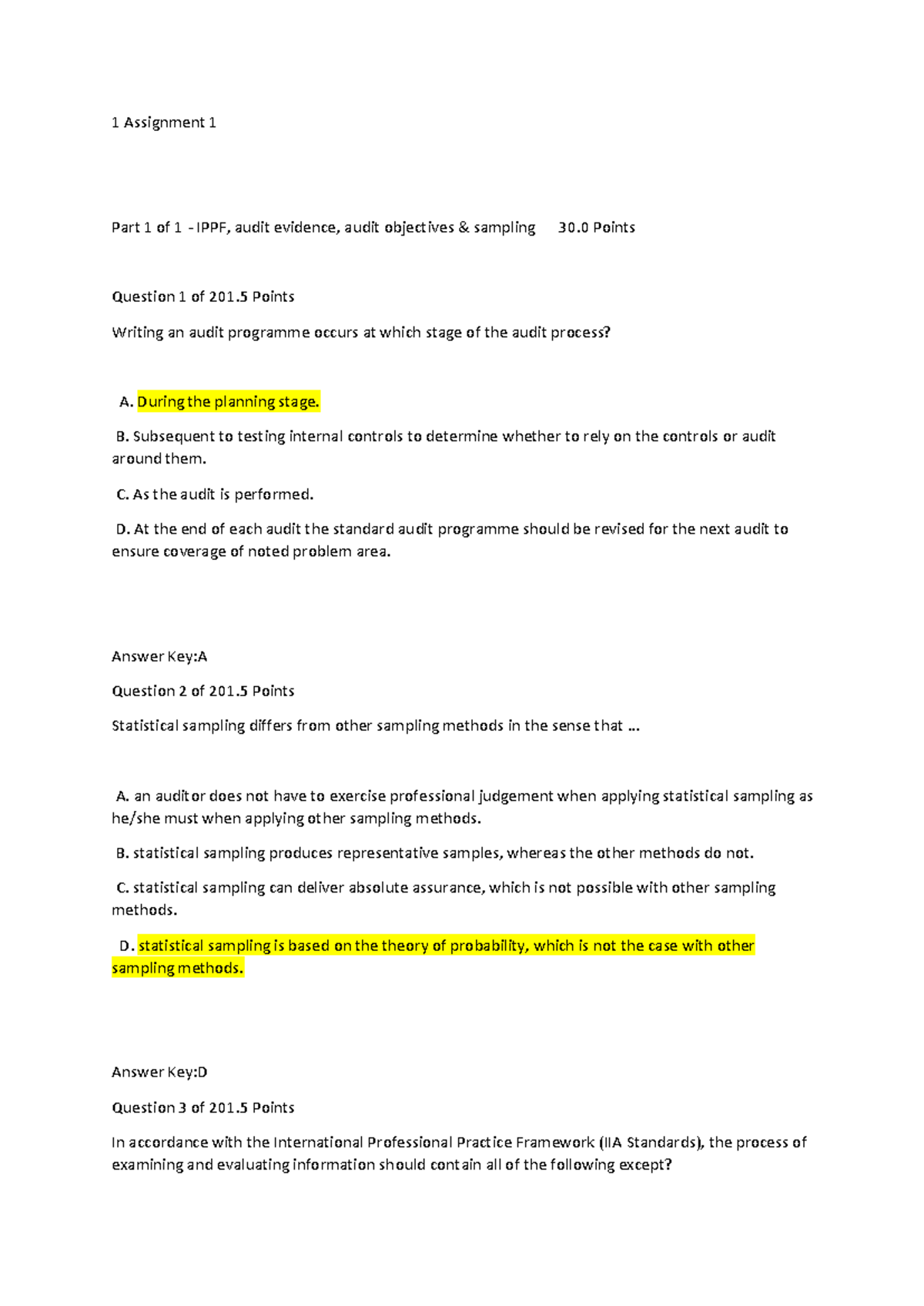 MCQ Assignment 1 & 2 - Audit Evidence, Procedures & Controls Analysis ...