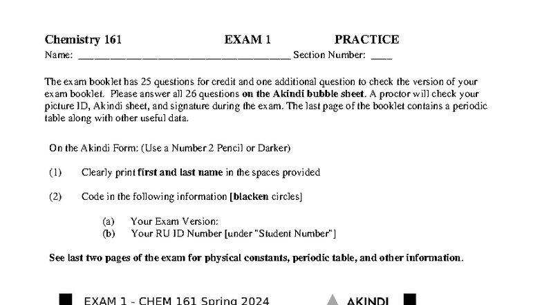 Chemistry 161 Exam 1 Practice Questions and Answers - Studocu