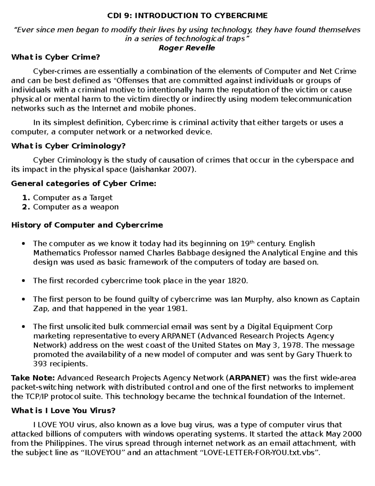 574428387- Cybercrime- Notes - CDI 9: INTRODUCTION TO CYBERCRIME “Ever ...