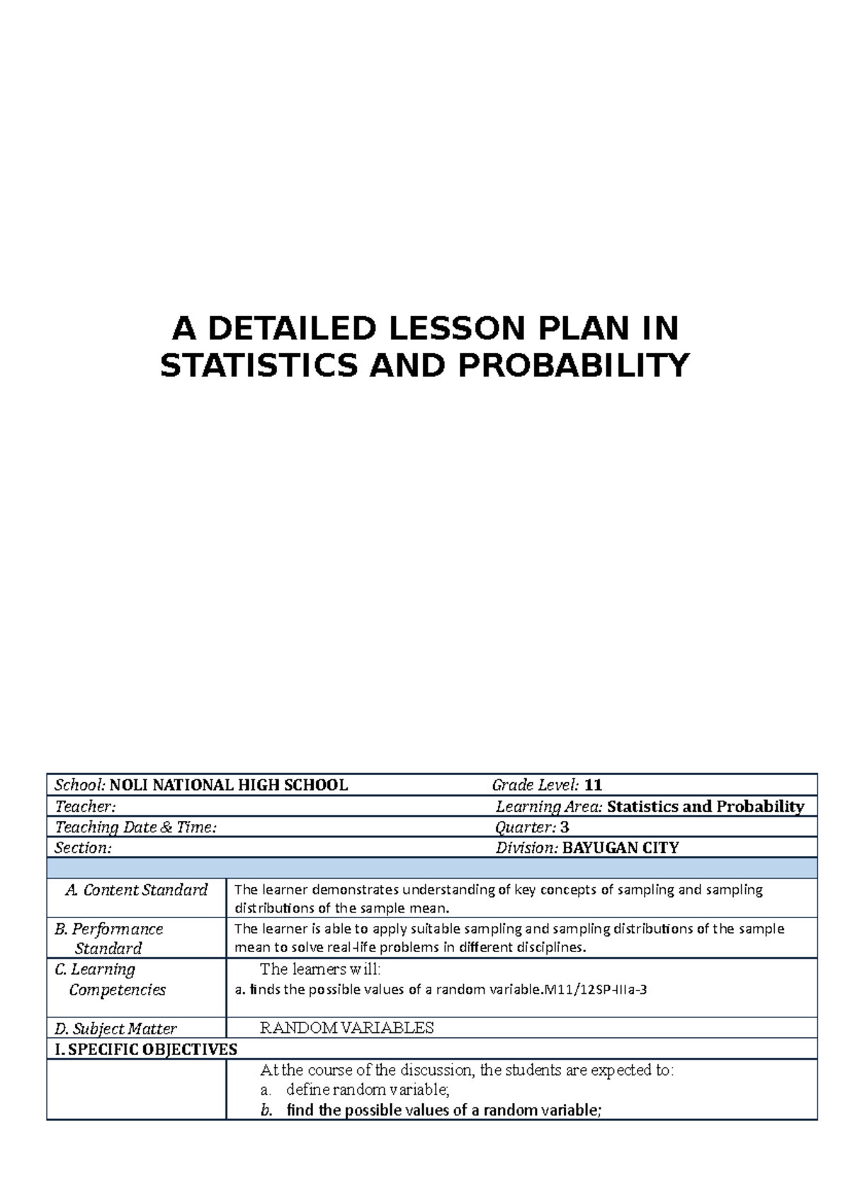 Lesson Plan: Statistics & Probability for Grade 11 (LP 3rd Quarter ...